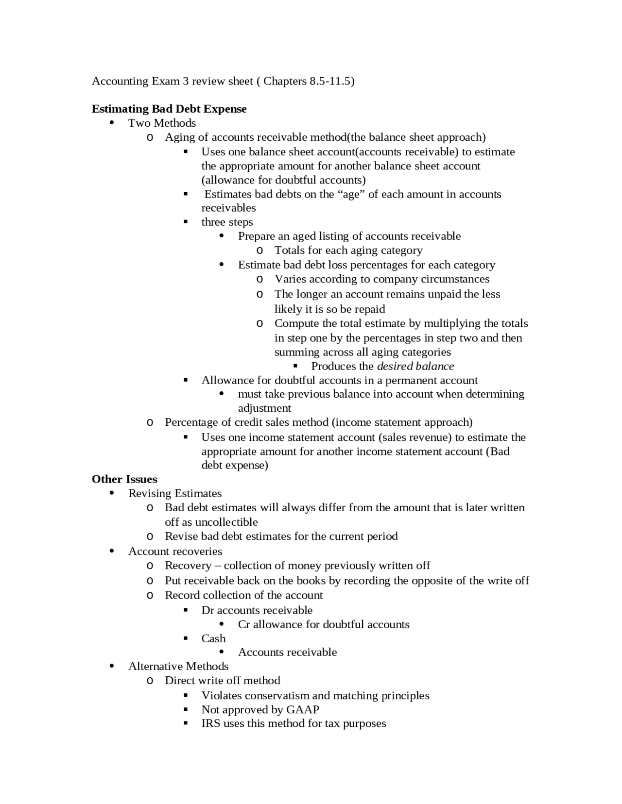 Principles Of Accounting Accounting Exam 3 Review Sheet Acis 2115