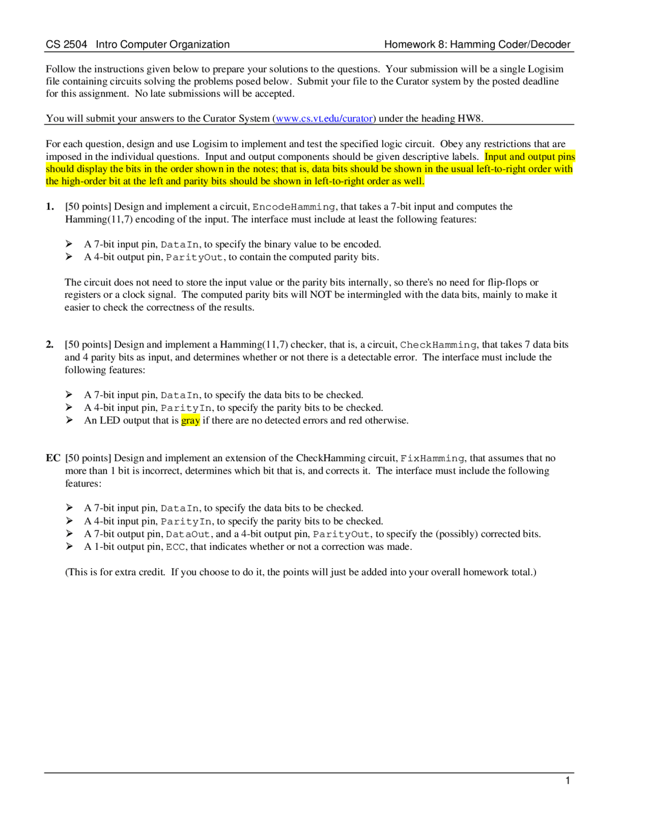 Hamming Code Assignment - Introduction to Computer Organization | CS 2504 - Docsity