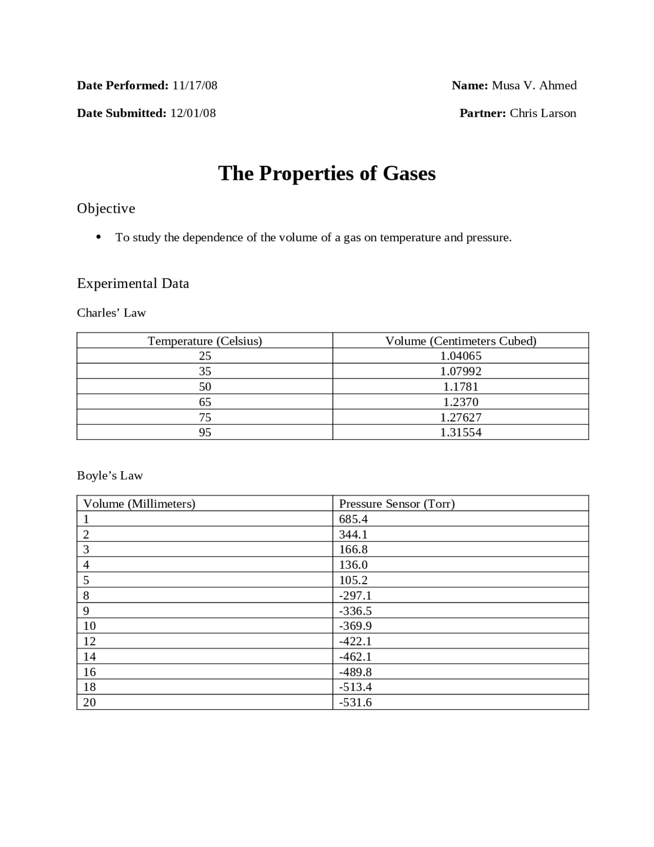 The Properties of Gases - General Chemistry Lab | CHEM 1045 - Docsity