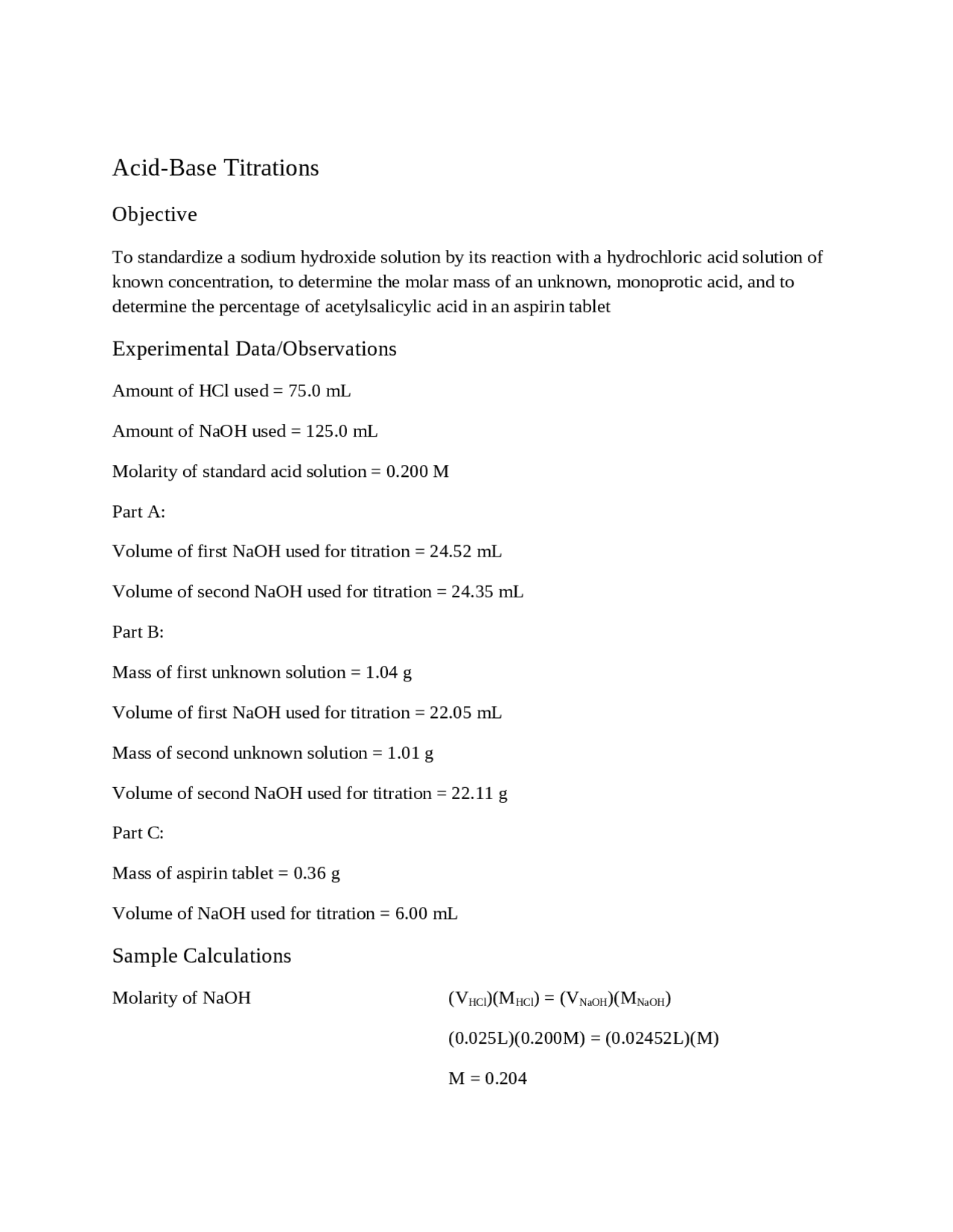 Acid-Base Titrations | General Chemistry Lab with Observations and ...