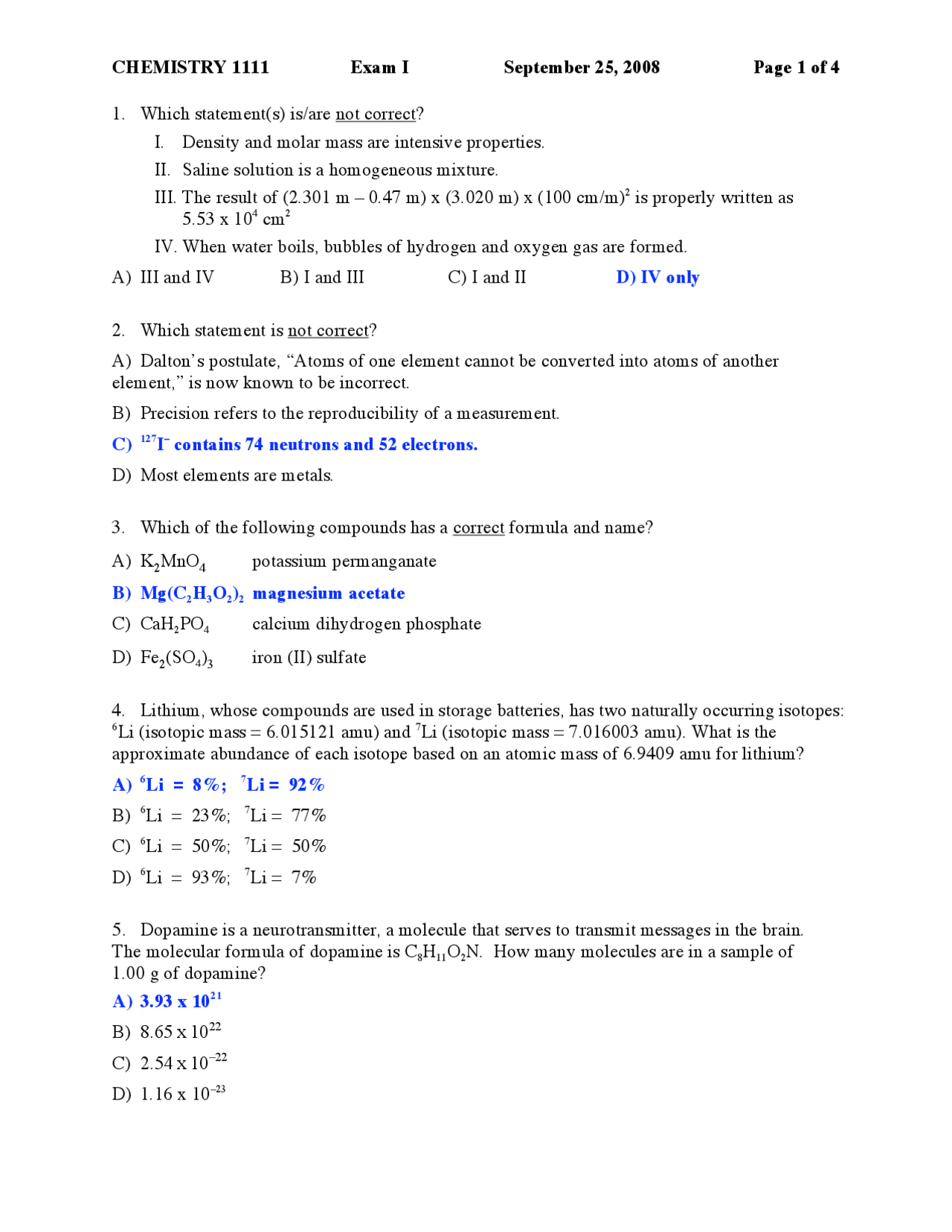 General Chemistry - Exam 1 Solutions - Fall 2008 | CHEM 1111 - Docsity