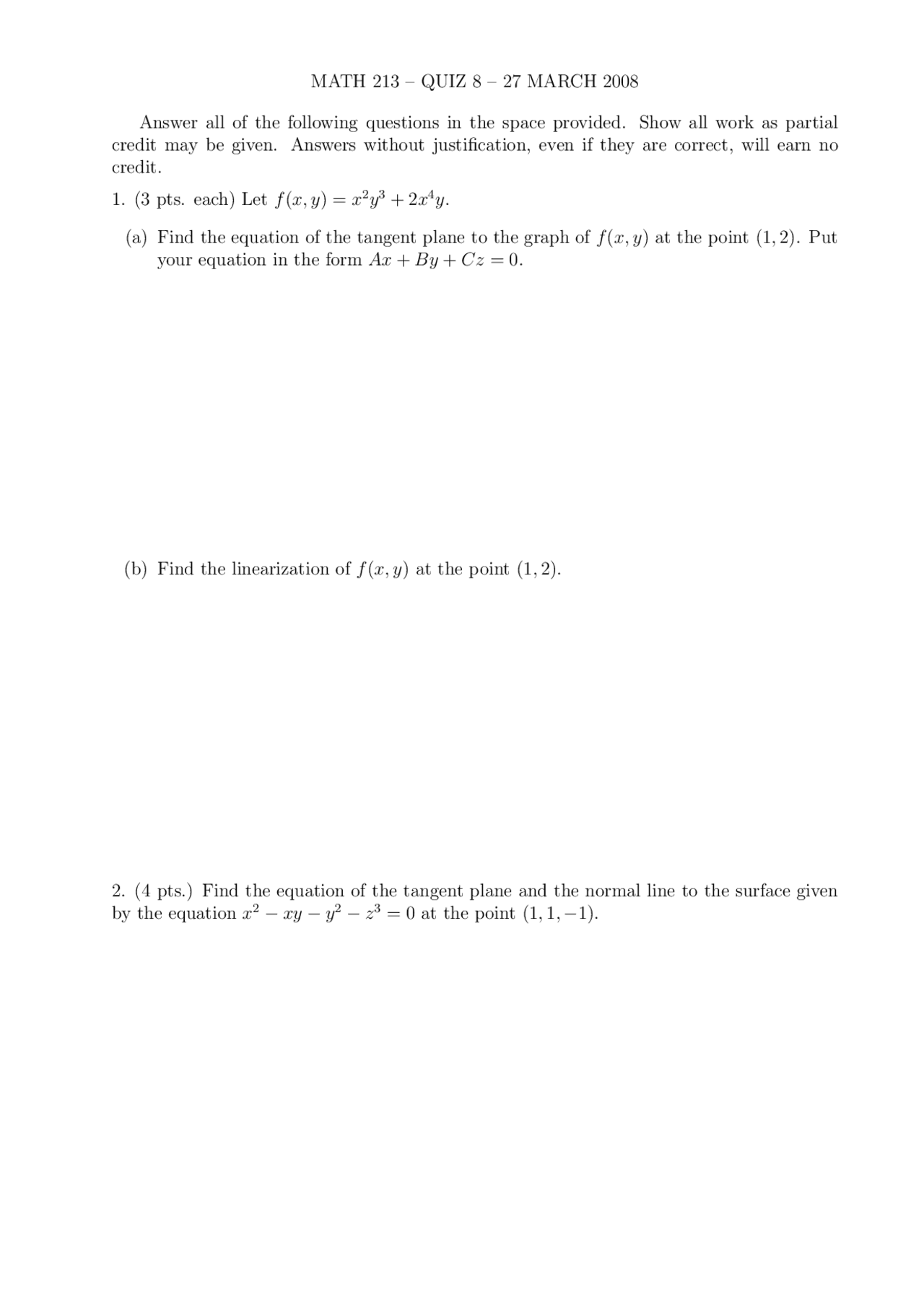 2 Problems to Find the Equations of Linearization - Quiz 8 | MATH 213 - Docsity