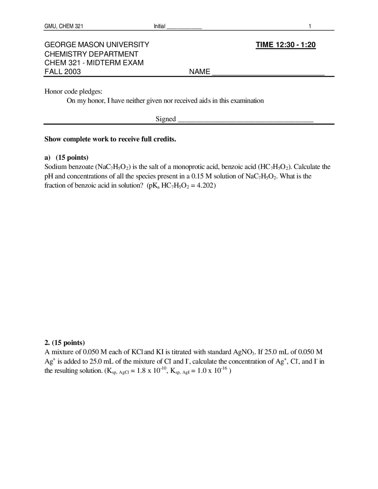 4 Questions On Quantitative Chemical Analysis Midterm Exam Chem 321