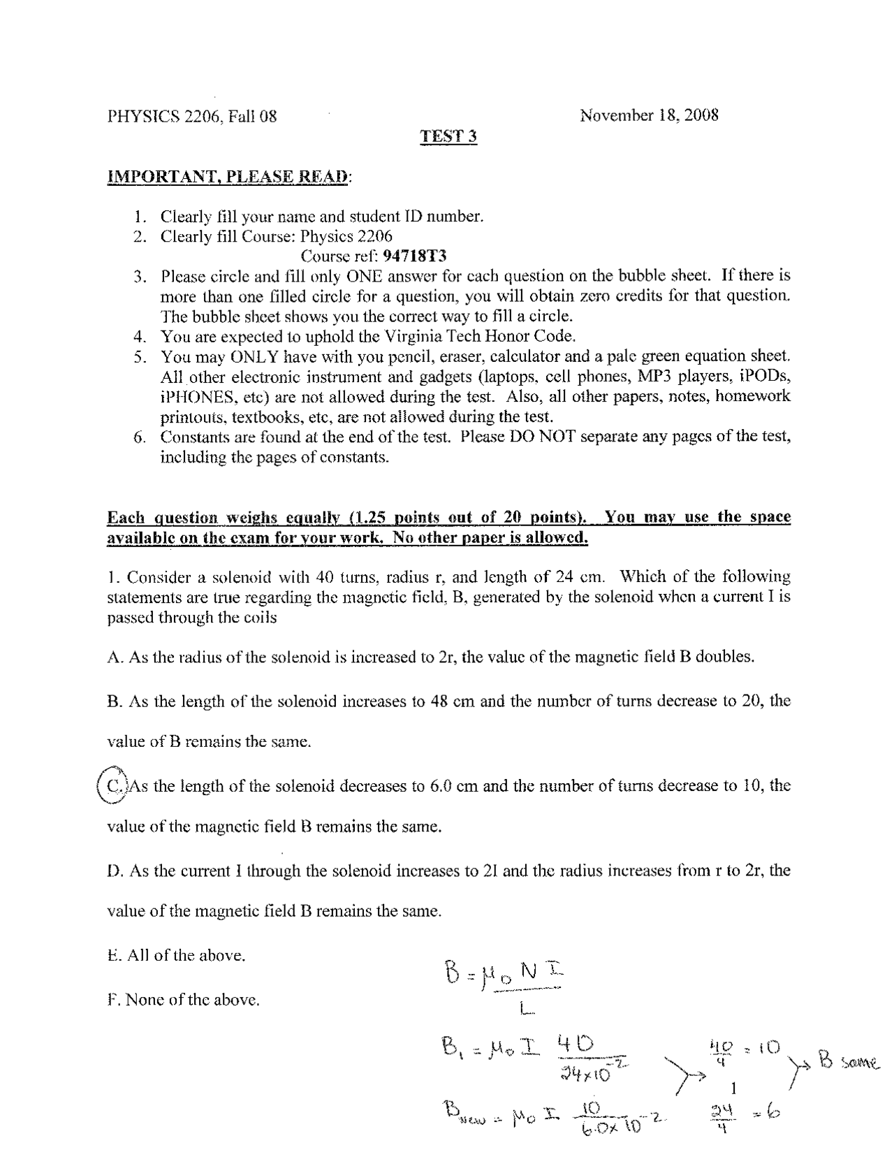 Test 3 Questions With Answers General Physics Phys 2206 Docsity