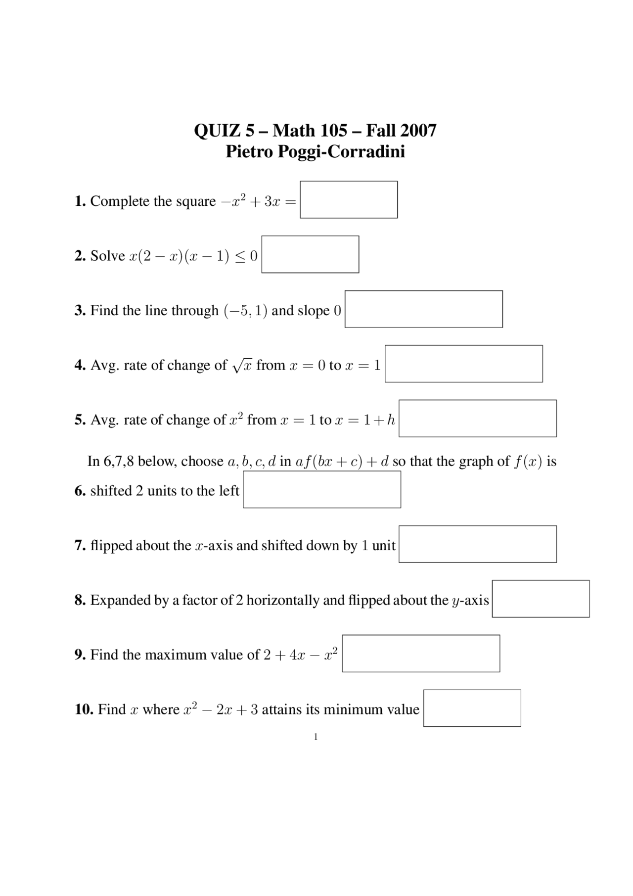 Sample Quiz 5 Precalculus Mathematics Fall 2007 Math 105 Docsity