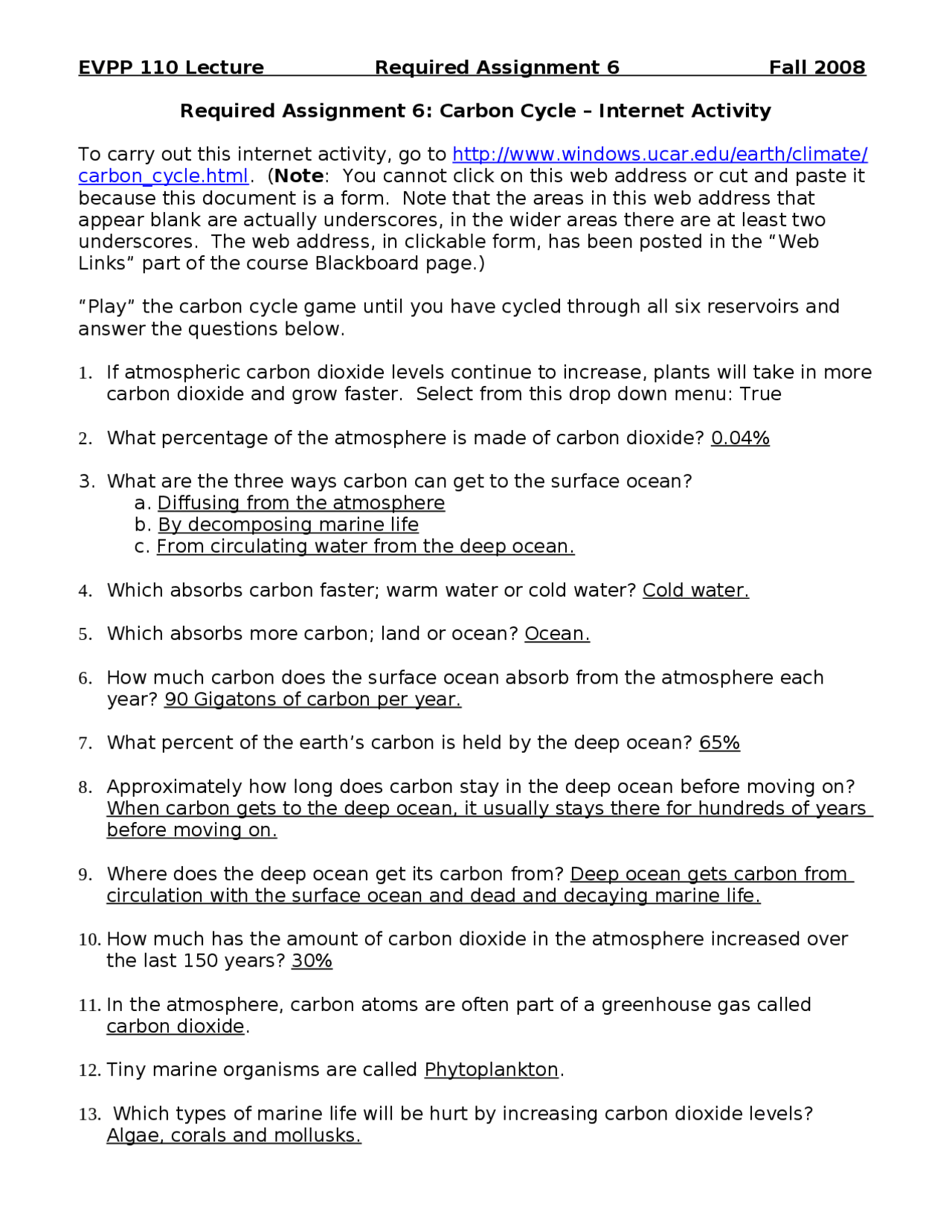 Carbon Cycle Assignment 6 Introduction To Environmental Science I