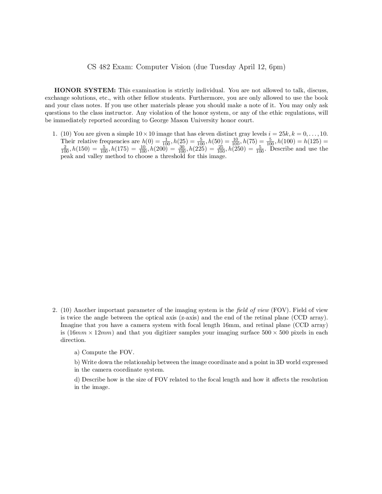 Practice Problems For Exam 1 Computer Vision Cs 482 Docsity