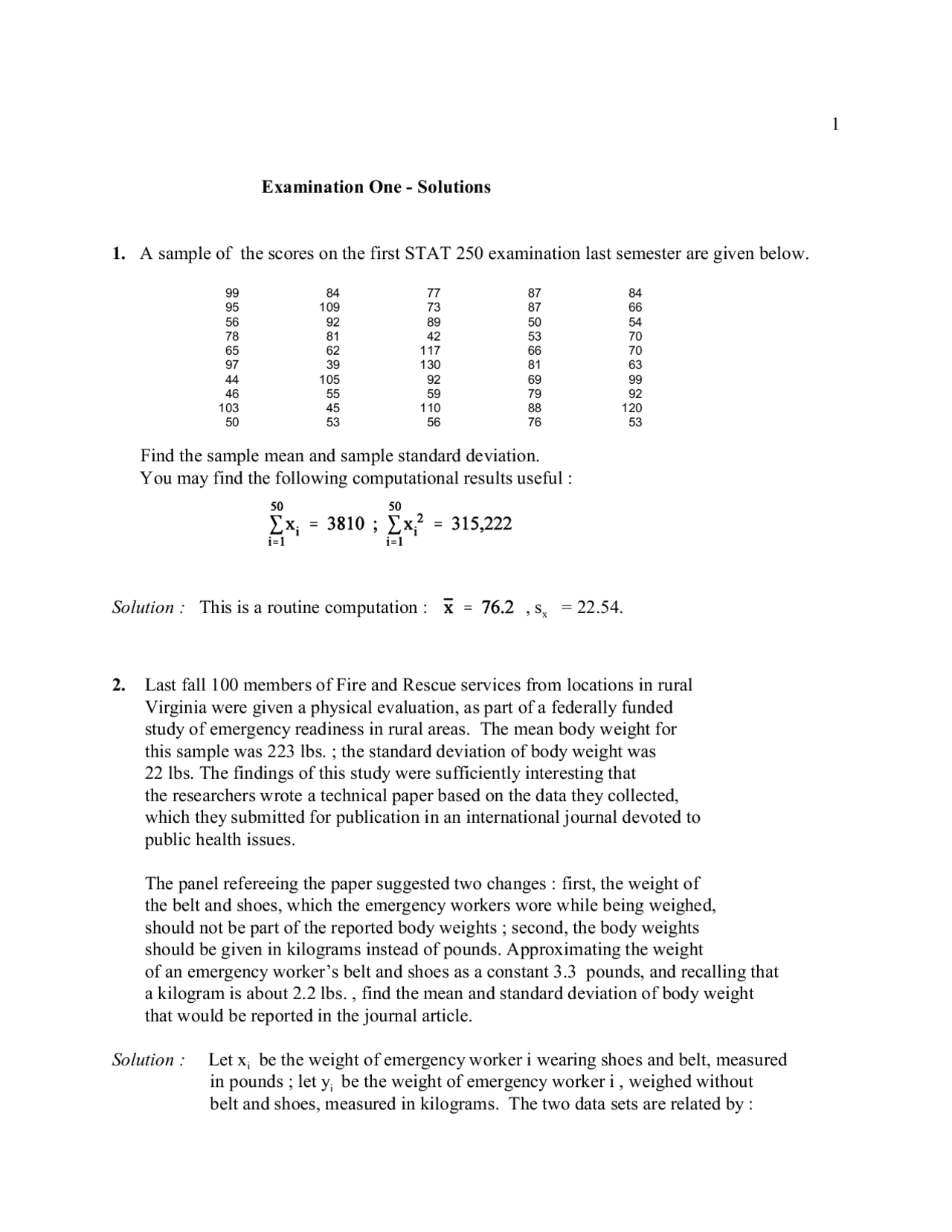 Exam 1 With Answers Introductory Statistics I Stat 250 Docsity