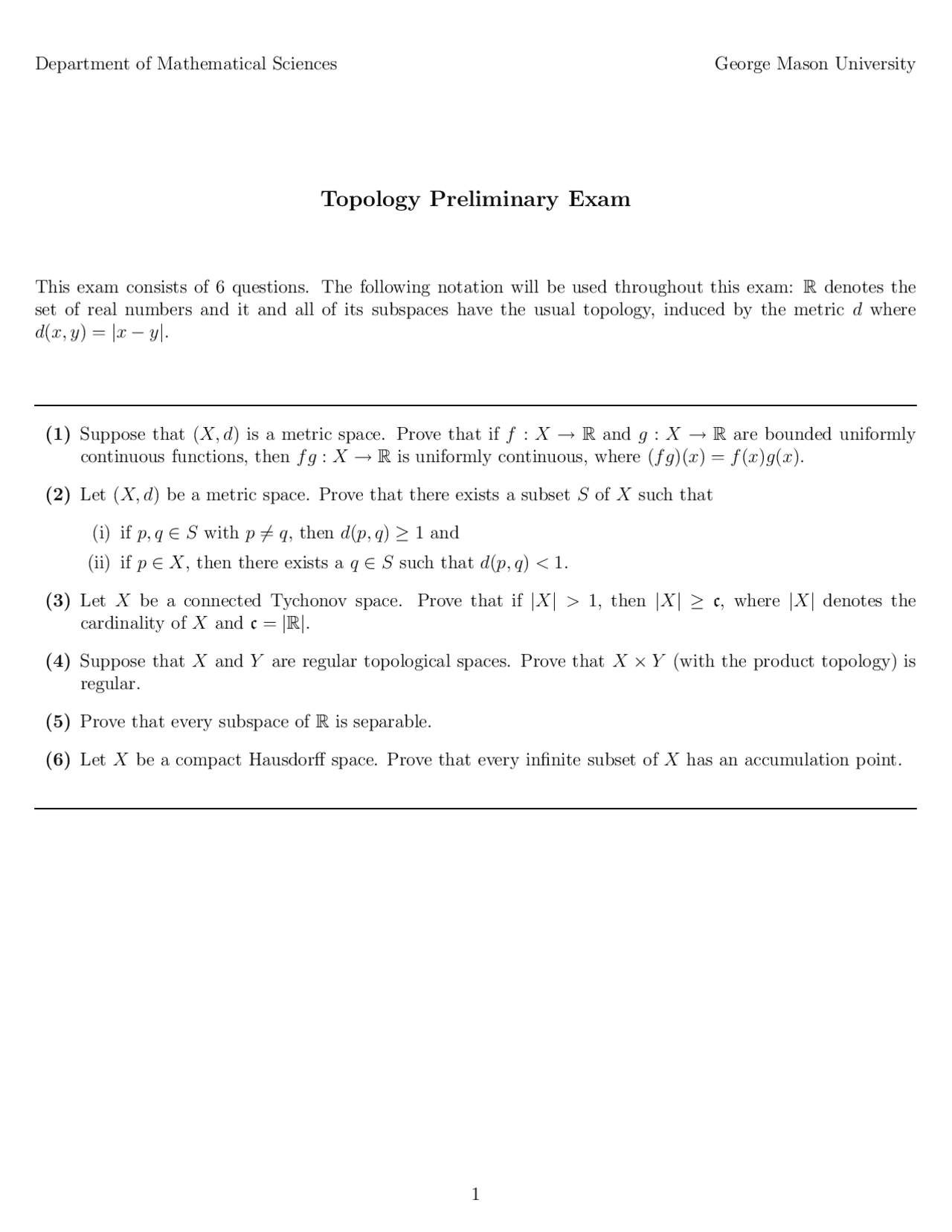 Topology I Topology Of Metric Spaces Preliminary Exam Math 631