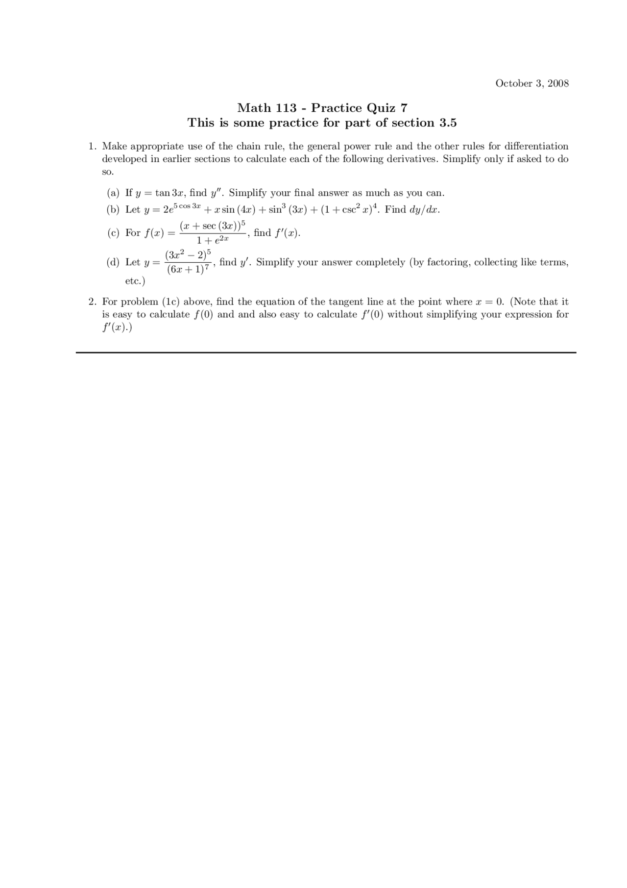 Practice Quiz 7 Analytic Geometry And Calculus I Math 113 Docsity