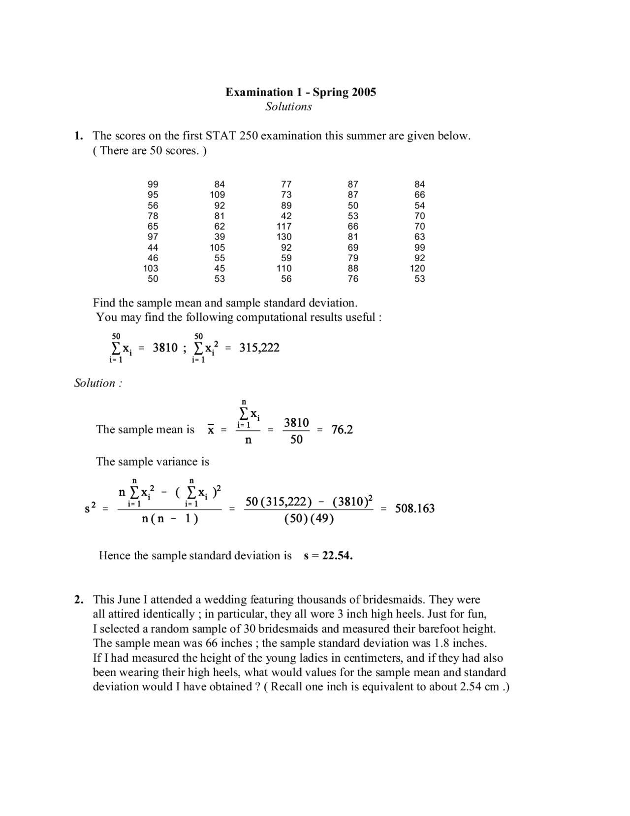 Examination 1 With Solutions Introductory Statistics I Stat 250