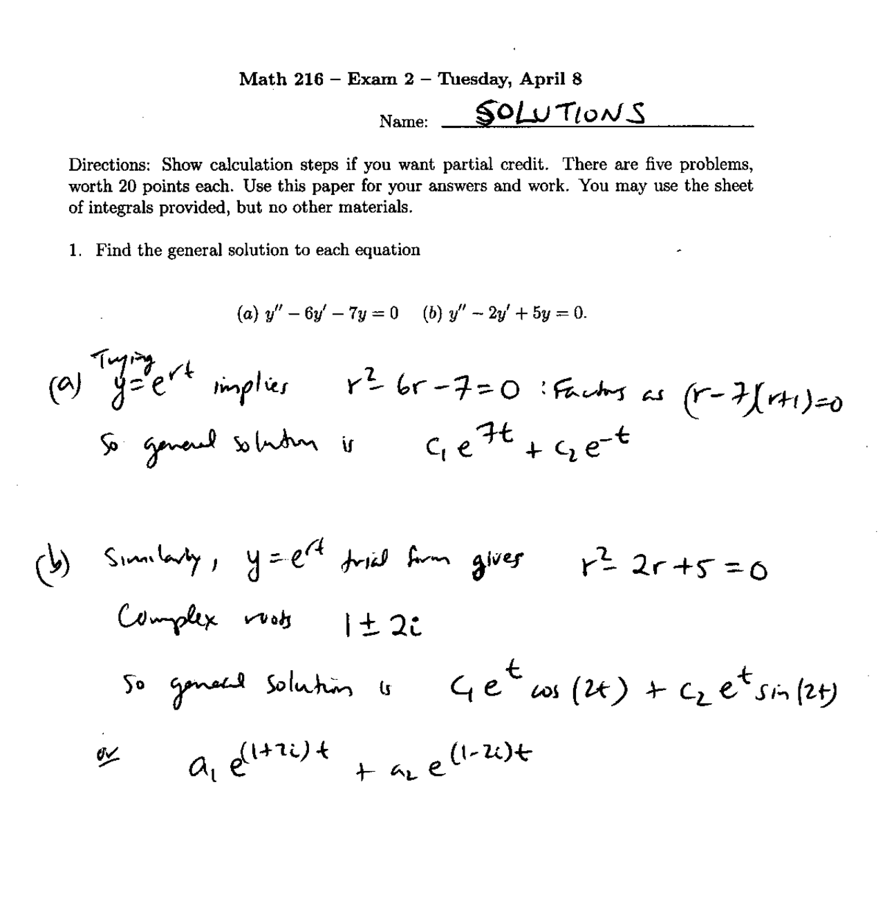 5 Solved Problems On Theory Differential Equations Exam 2 Math 216