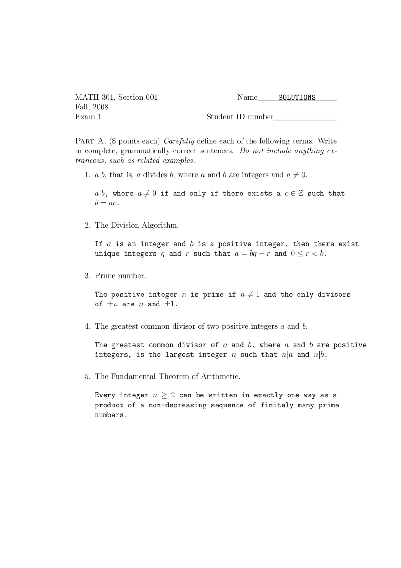 Number Theory Resolution For Past Examination 1 Math 301 Docsity