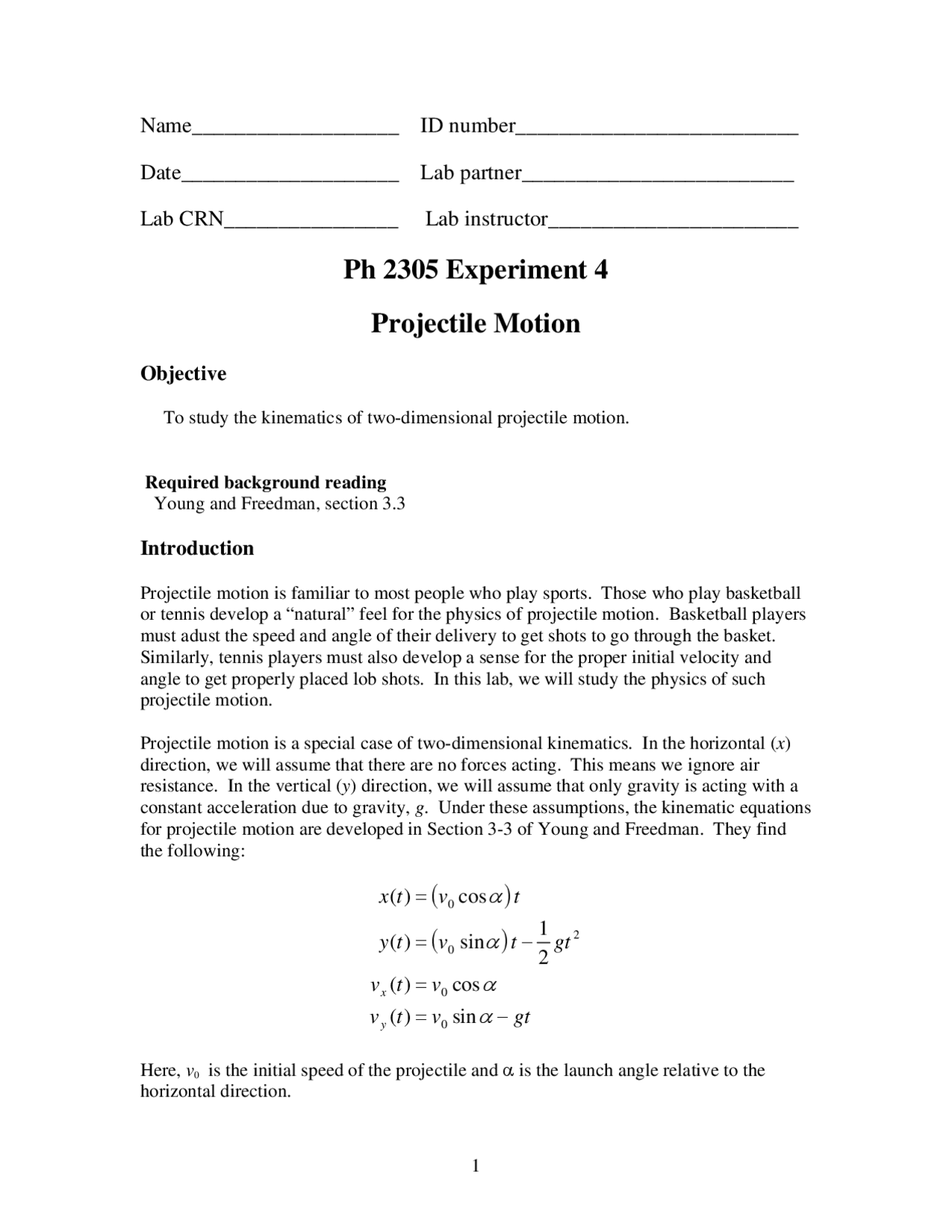 Experiment 4: Projectile Motion - Foundations of Physics I | PHYS 2305 ...