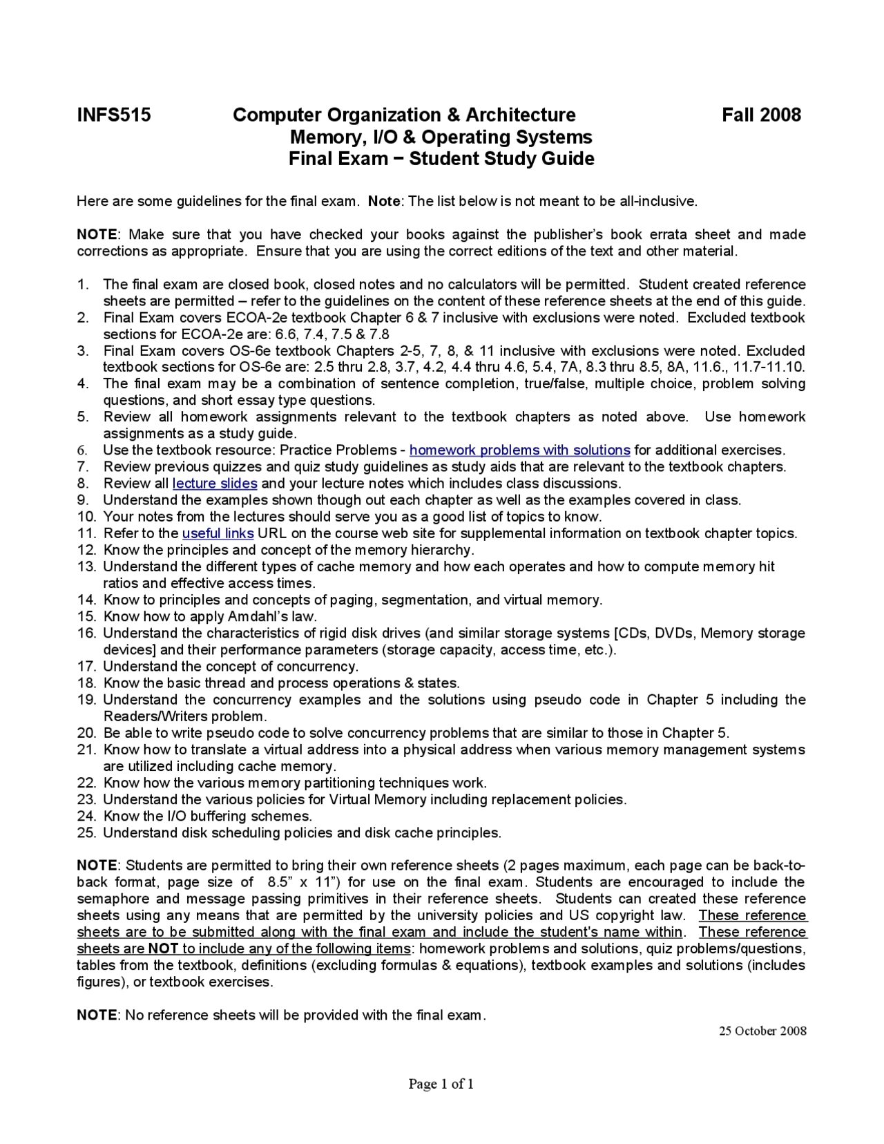 Computer Organization And Architecture Operating Systems Final Exam