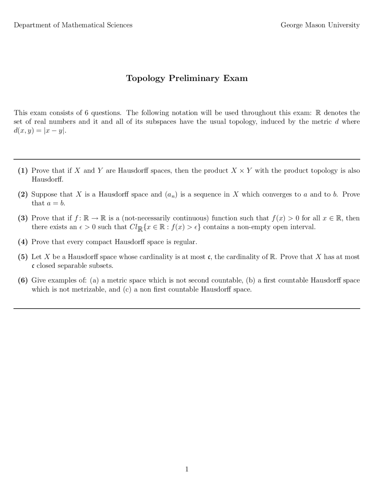 Preliminary Exam | Topology I: Topology of Metric Spaces | MATH 631 - Docsity