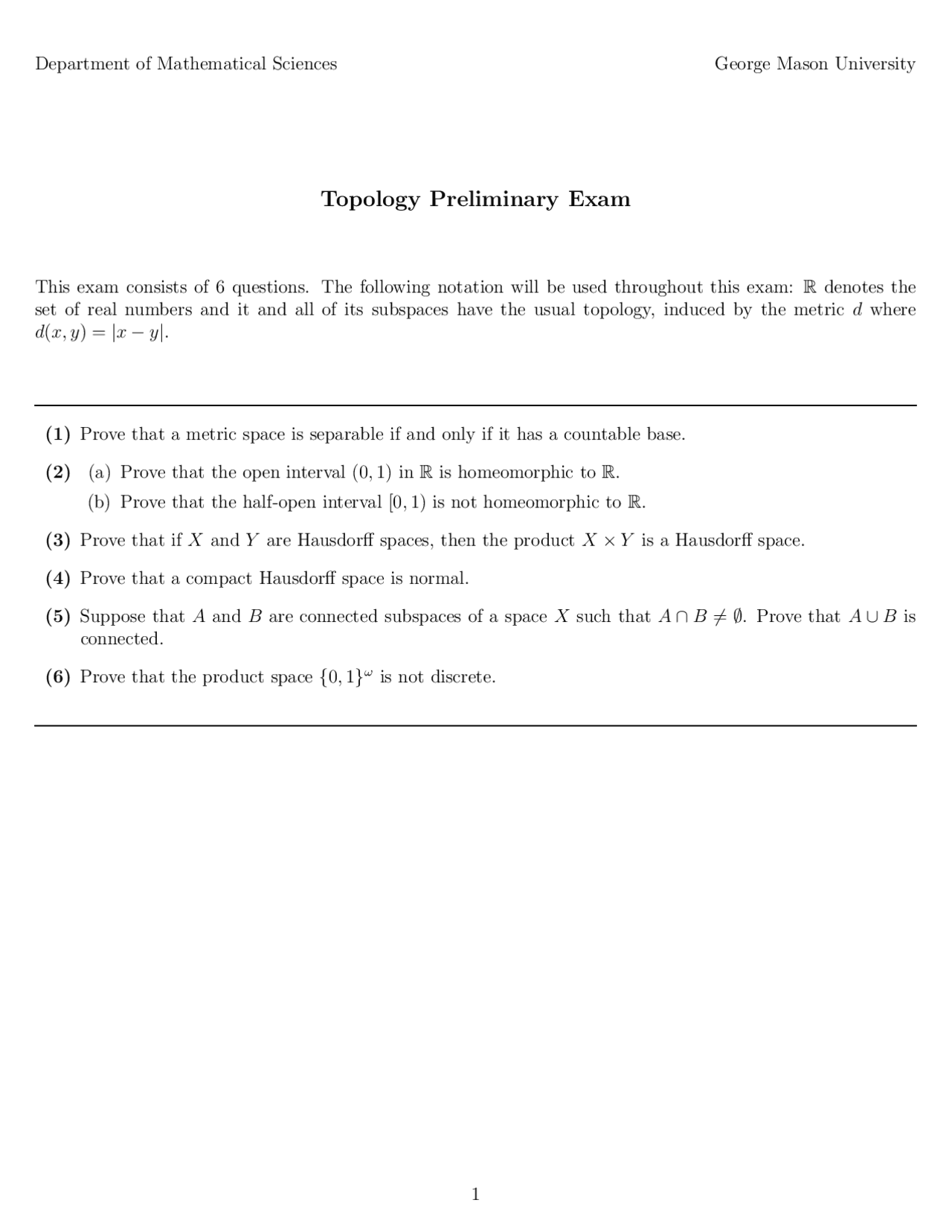 Topology Preliminary Exam Top Of Met Spaces Math 631 Docsity