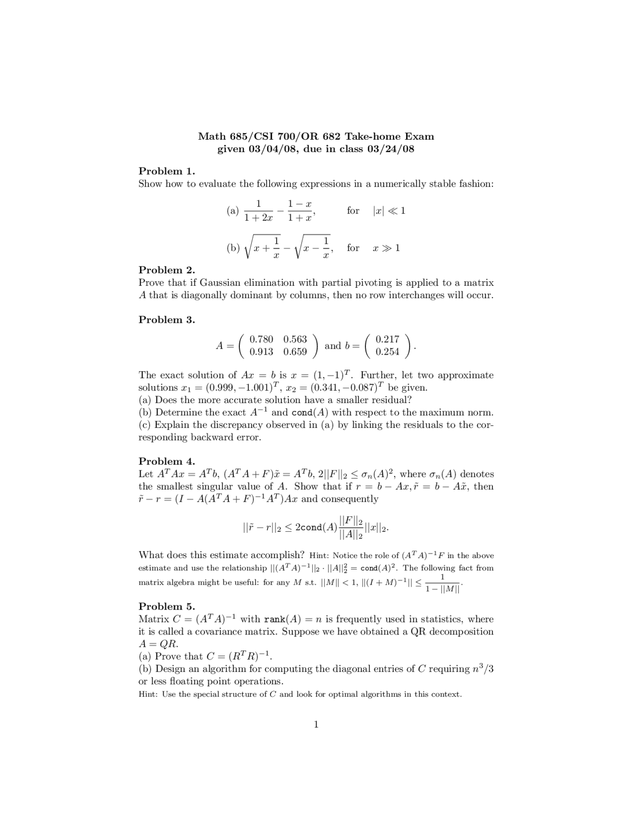 Take Home Exam Problems - Numerical Methods | MATH 685 - Docsity