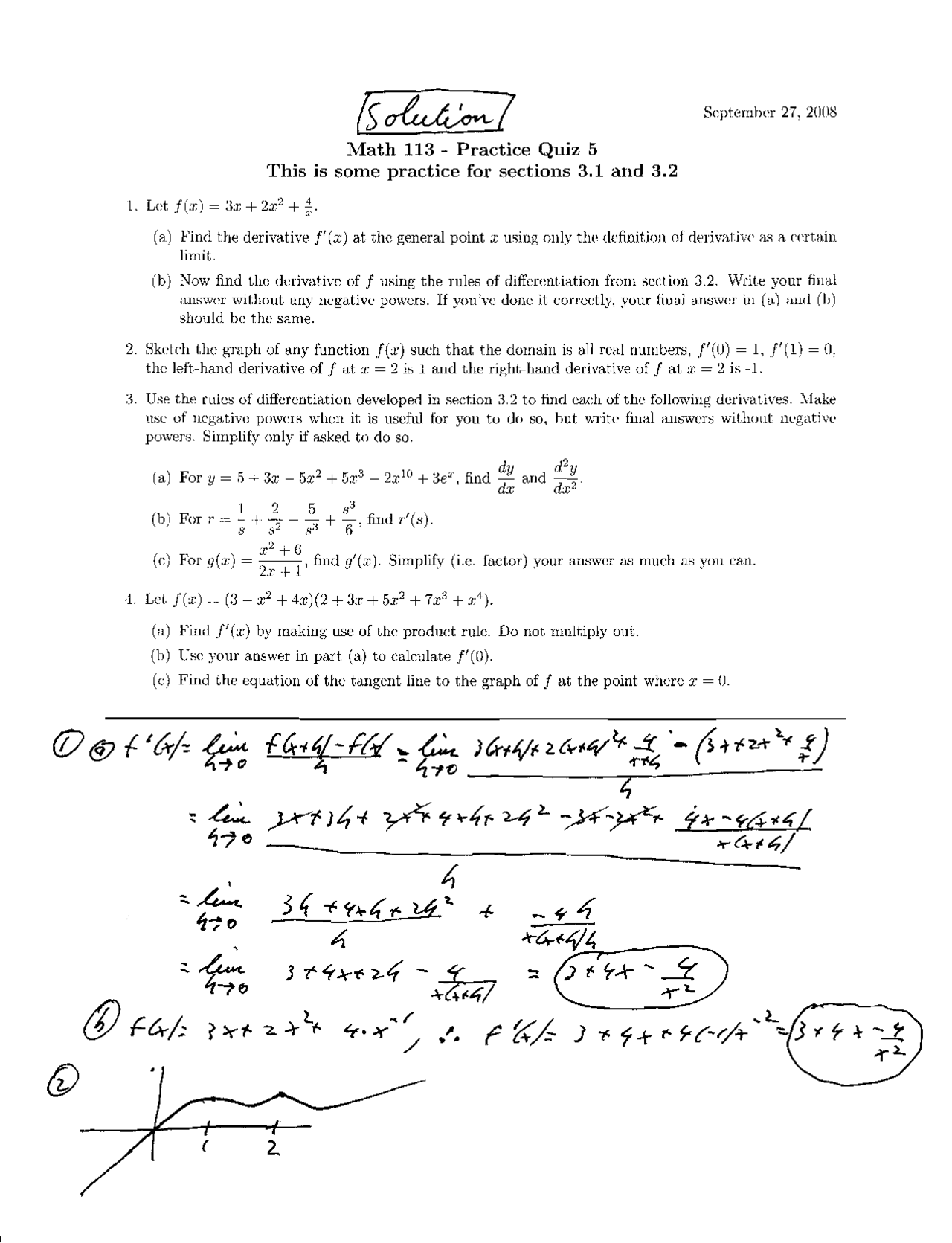 3 Solved Problems To Find The Derivative Functions Quiz 5 Math 113