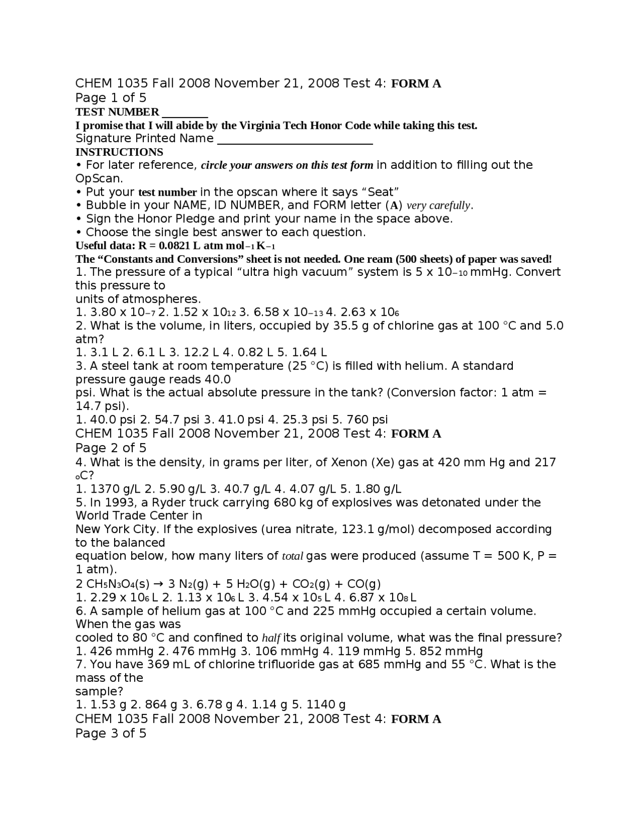 Exam 4 Form A General Chemistry Chem 1035 Docsity