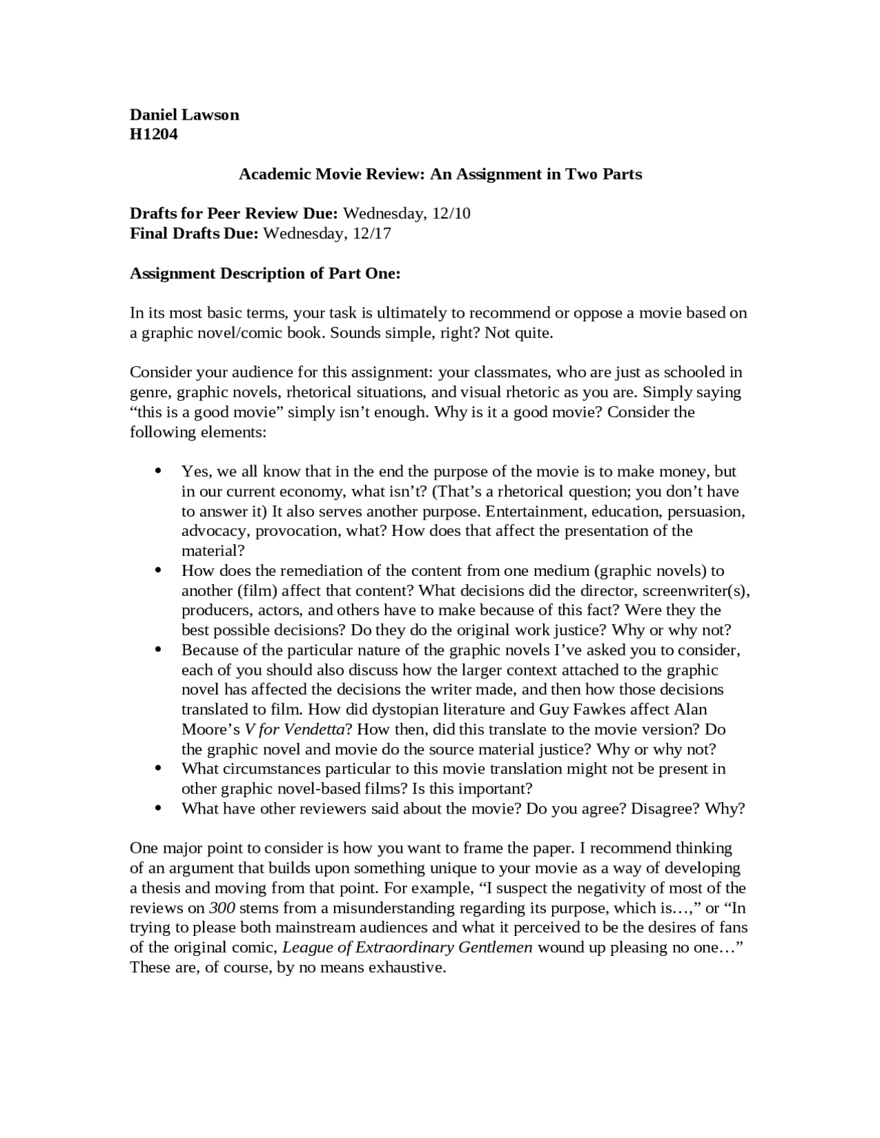 Paper 3 - Project statement for Academic Movie Review | ENGL 1204H ...