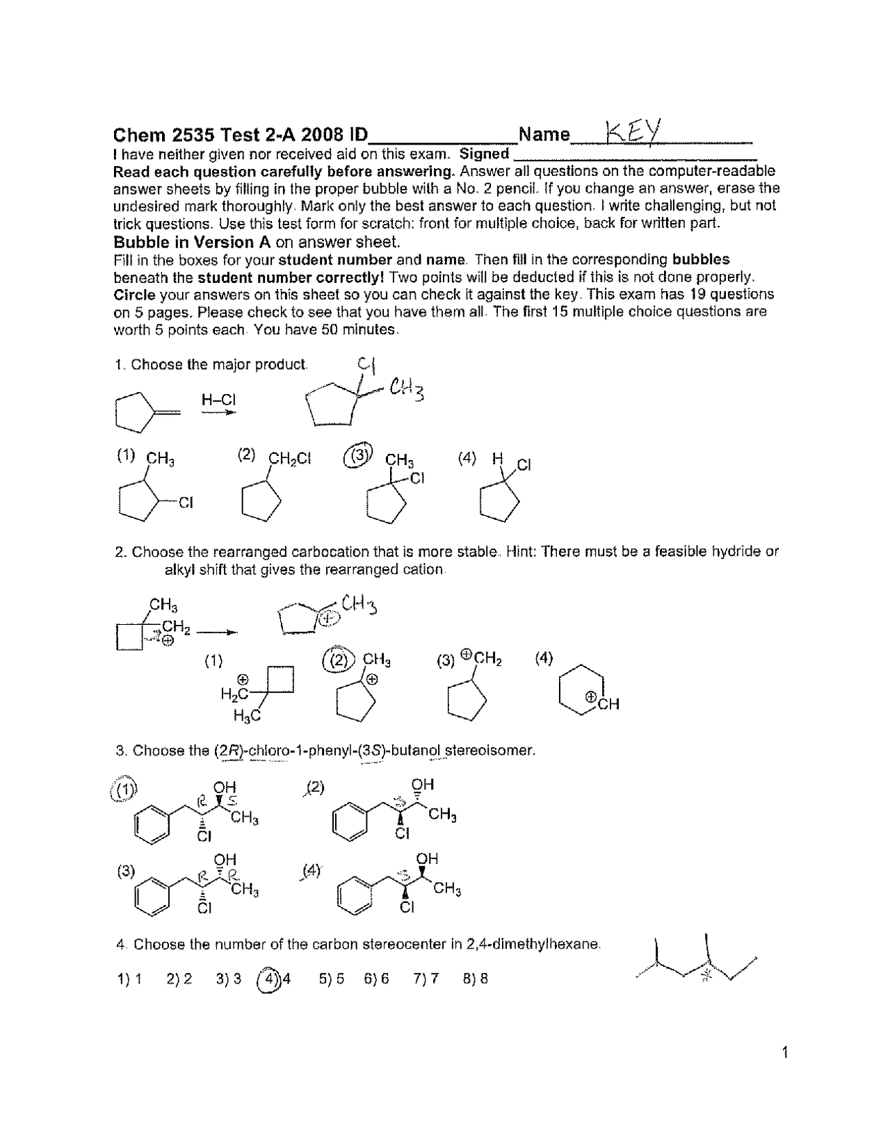 Organic Chemistry Solutions For Exam 2 Form A Chem 2535 Docsity