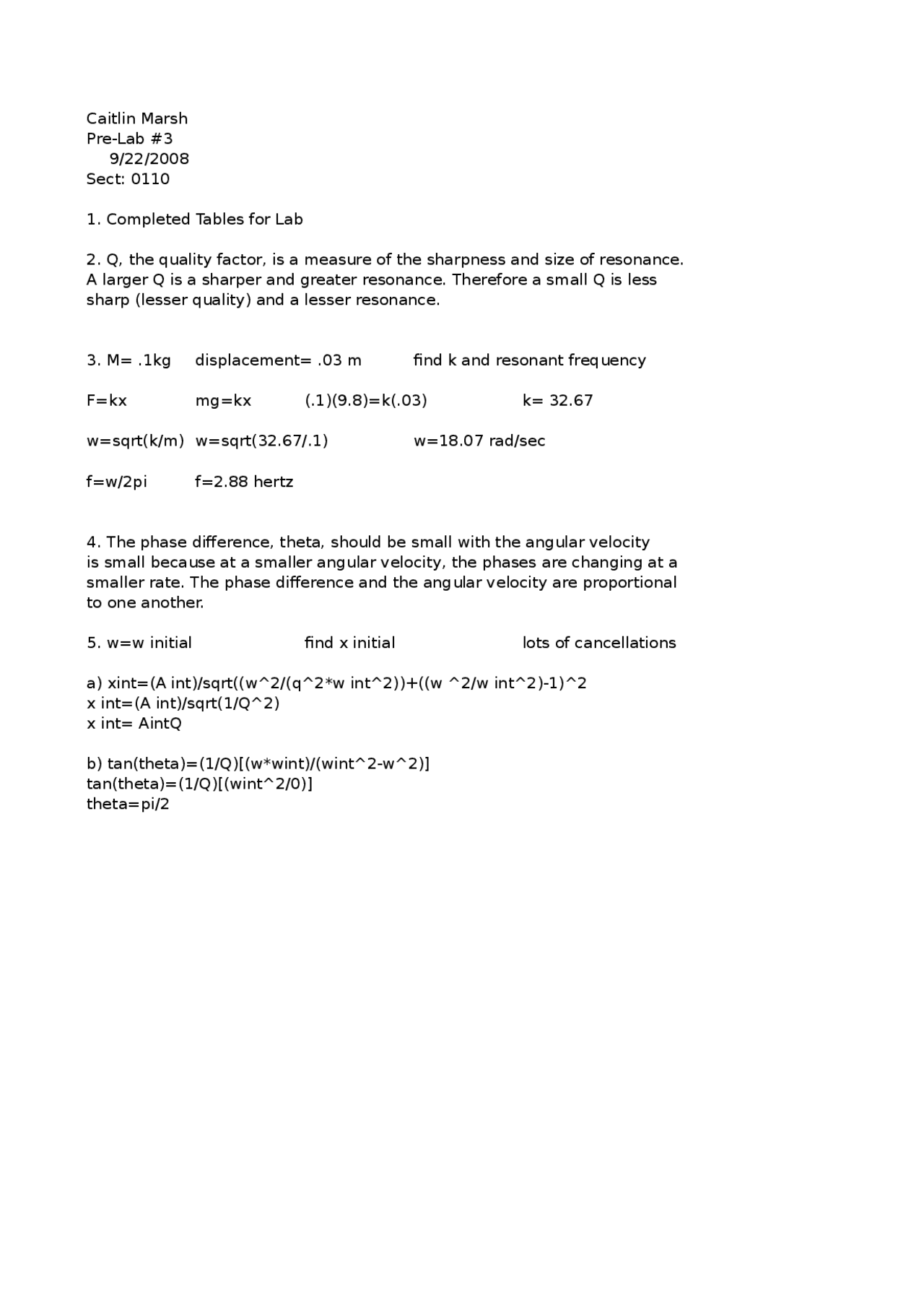 Pre Lab 3 Physical Vibrations Waves Phys 260 Docsity