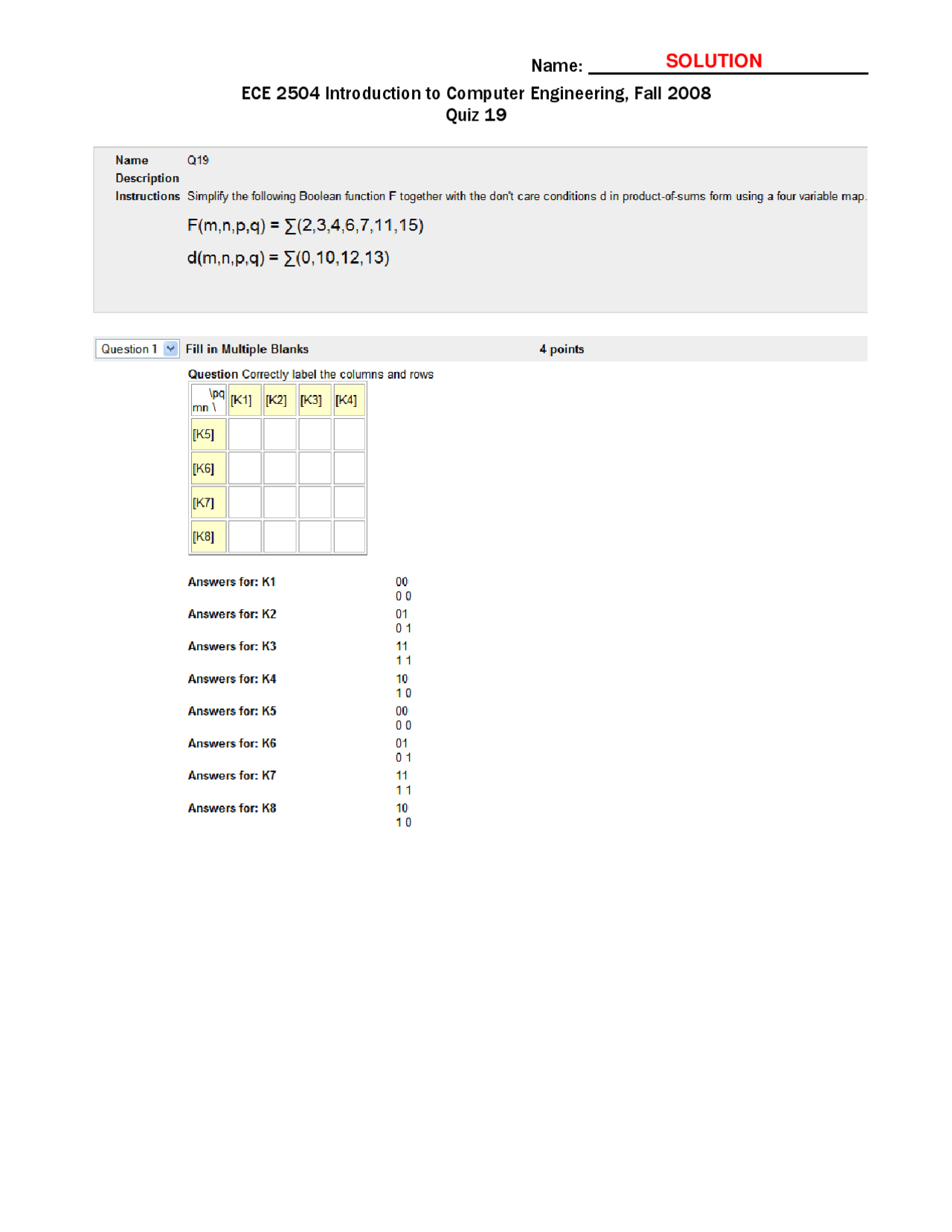 Quiz 19 with Solutions - Introduction to Computer Engineering | ECE 2504 | Quizzes Electrical ...