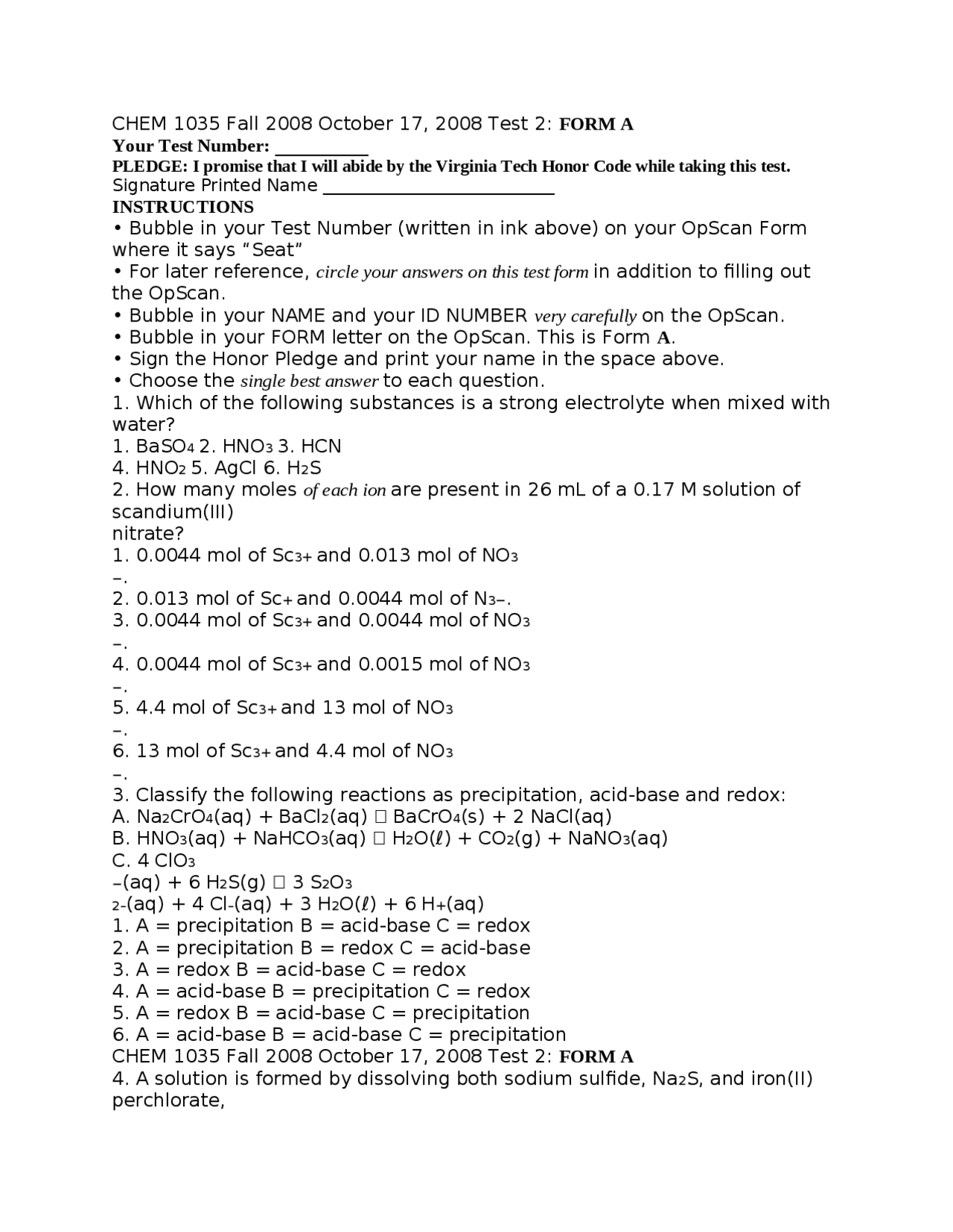 General Chemistry - Form A Exam to Solve | CHEM 1035 - Docsity