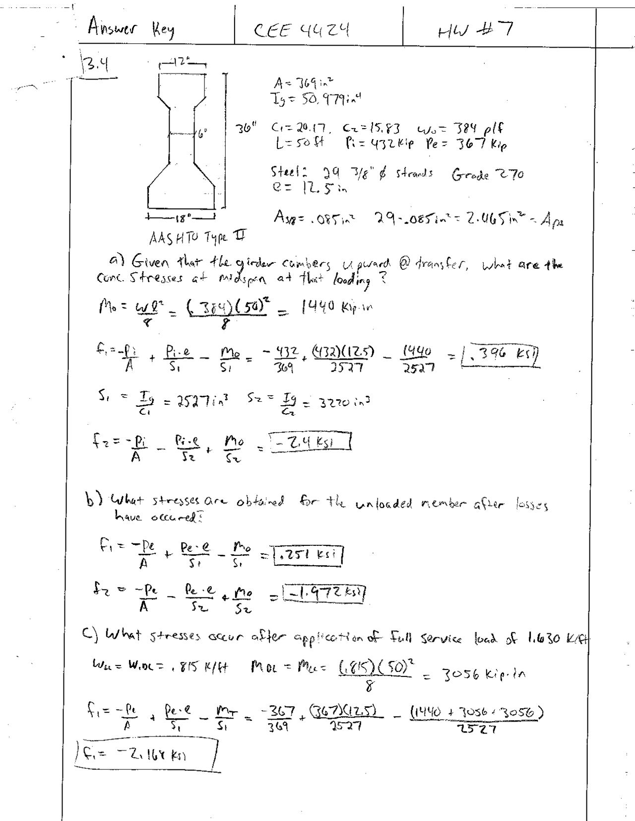 Homework 7 Answer Key Prestressed Concrete Cee 4424 Assignments