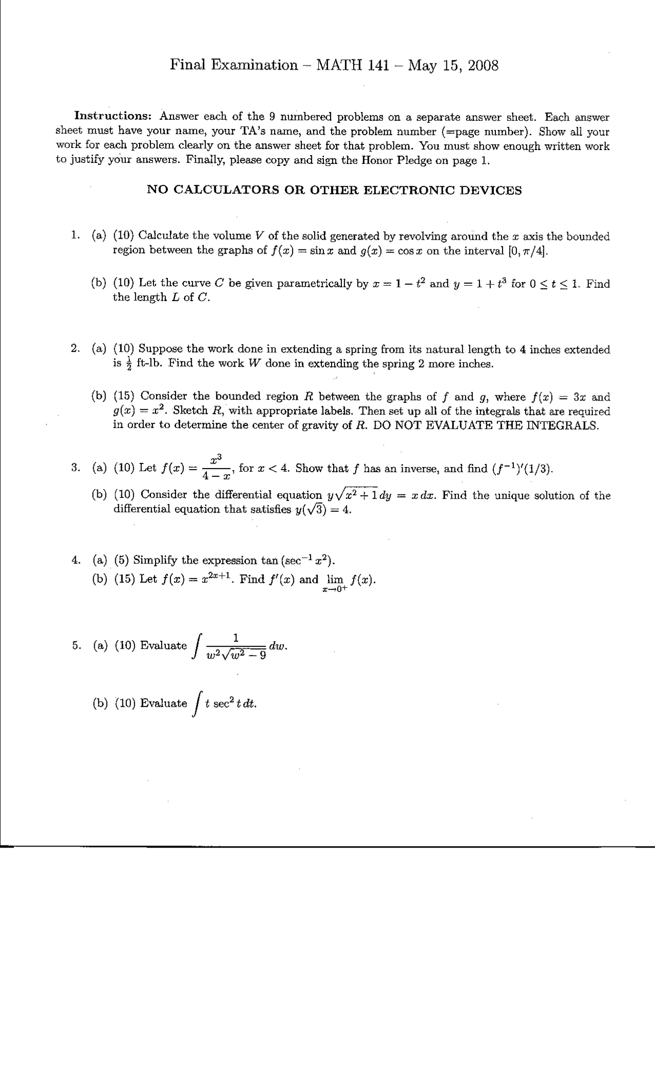 Complete Final Exam Problems Calculus Ii Math 141 Docsity