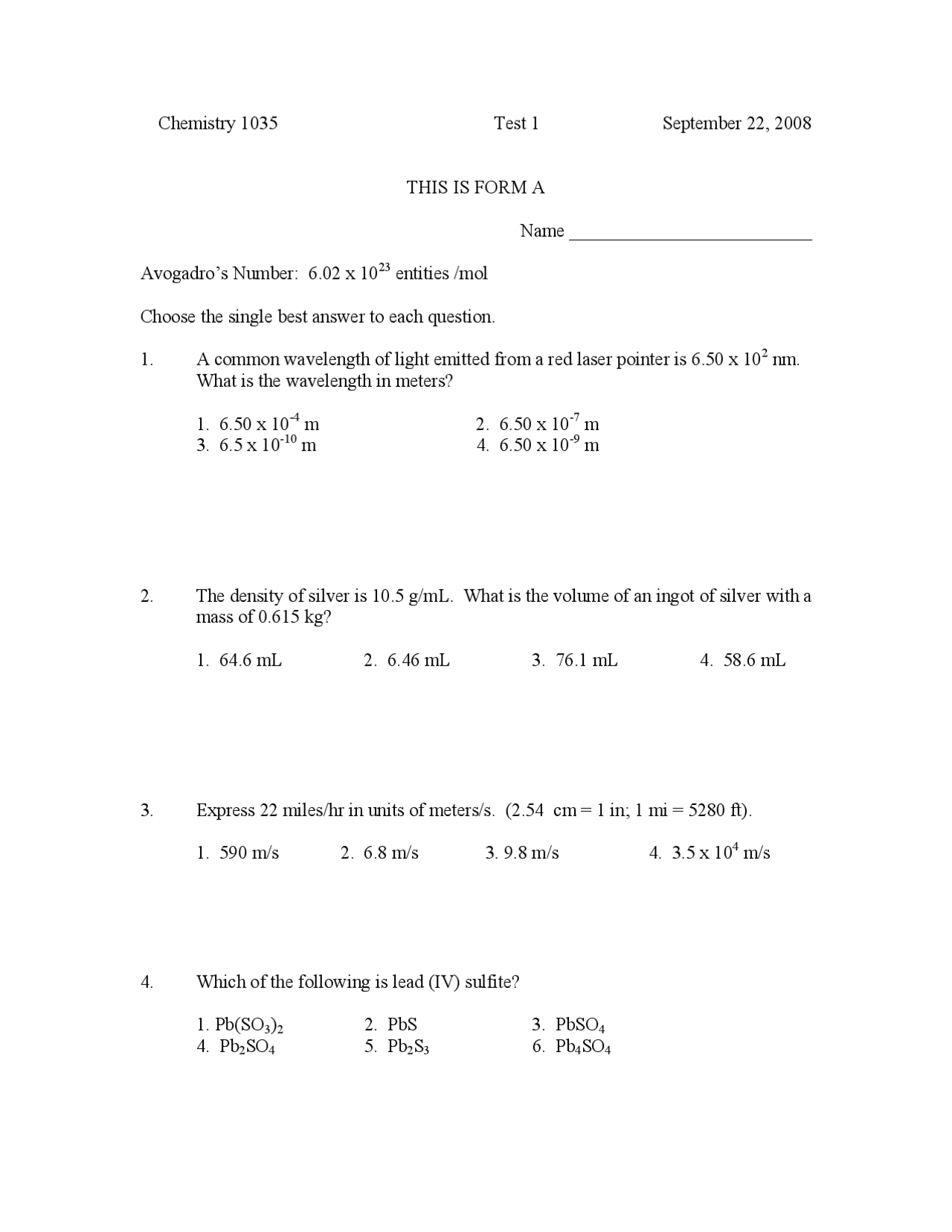 25 Multiple Choice Questions On General Chemistry Chem 1035 Docsity