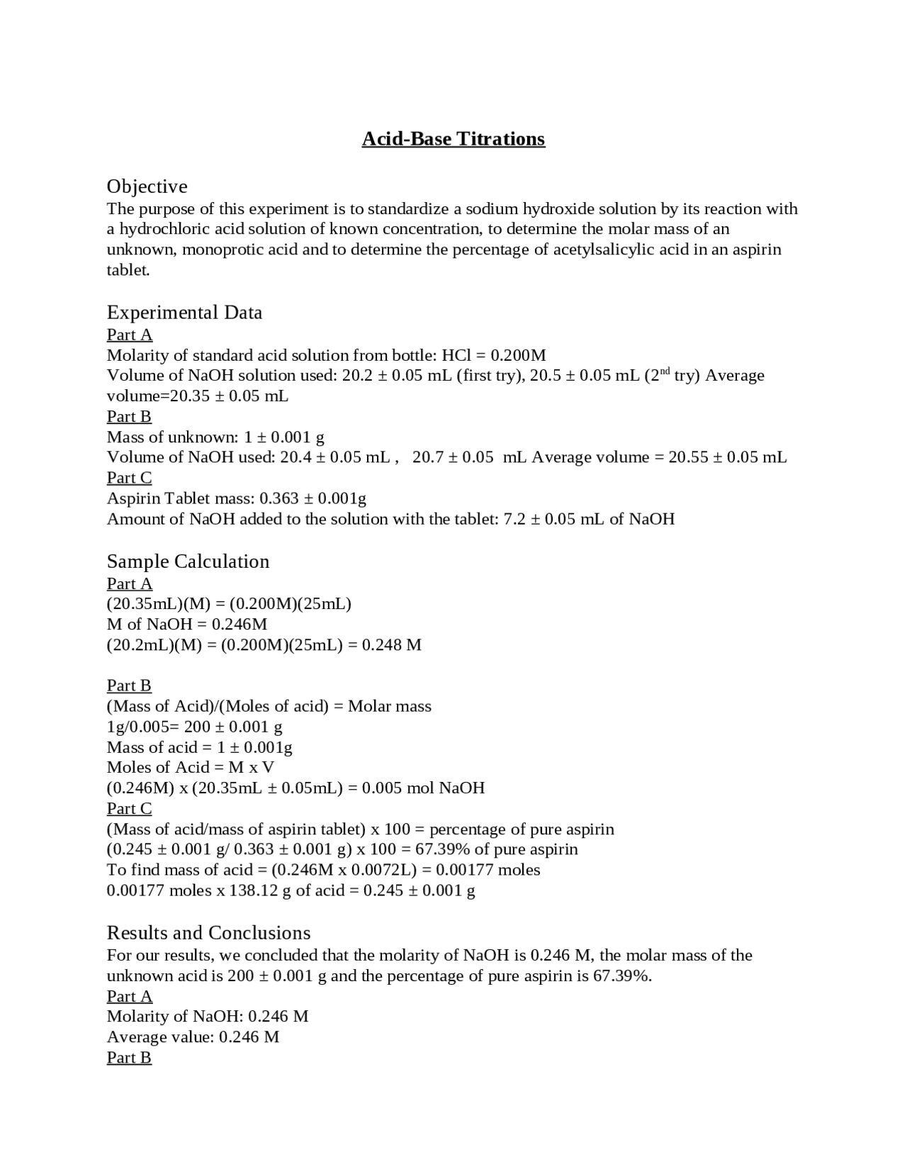 Acid Base Titration - General Chemistry Lab | CHEM 1045 - Docsity