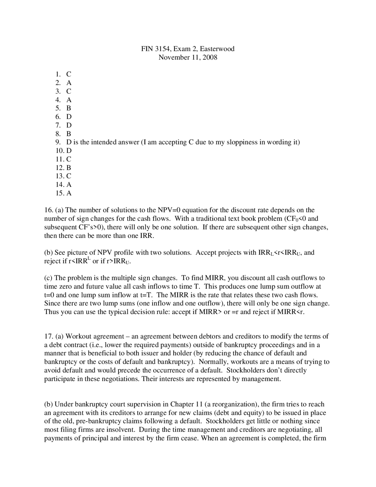 Exam 2 Solution Key Corporate Finance 2008 Fin 3154 Docsity
