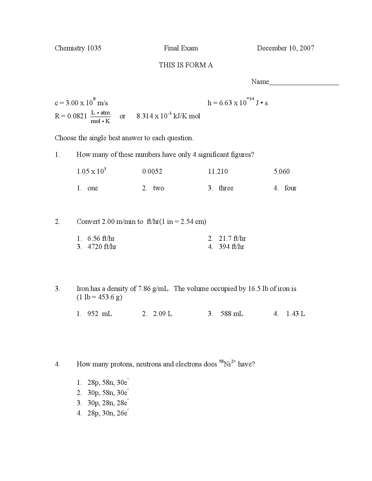 Final Exam with Answer Key - General Chemistry | CHEM 1035 - Docsity