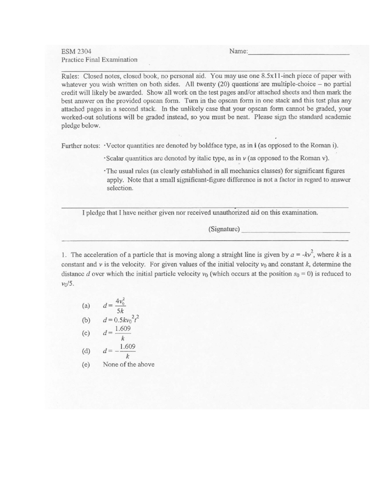 Practice Final Exam Questions Dynamics Esm 2304 Docsity