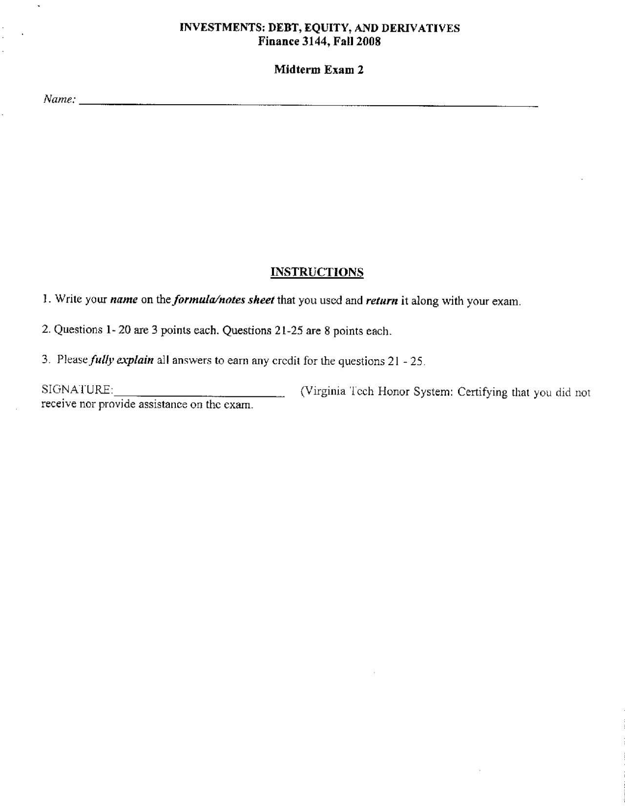 Midterm Exam 2 With Answer Key Investment Fin 3144 Docsity