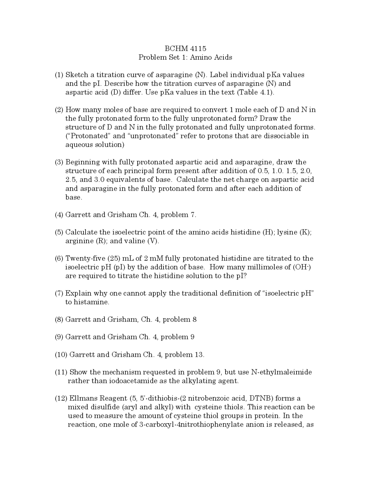 Amino Acids Problem Set 1 General Biochemistry Bchm 4115 Docsity
