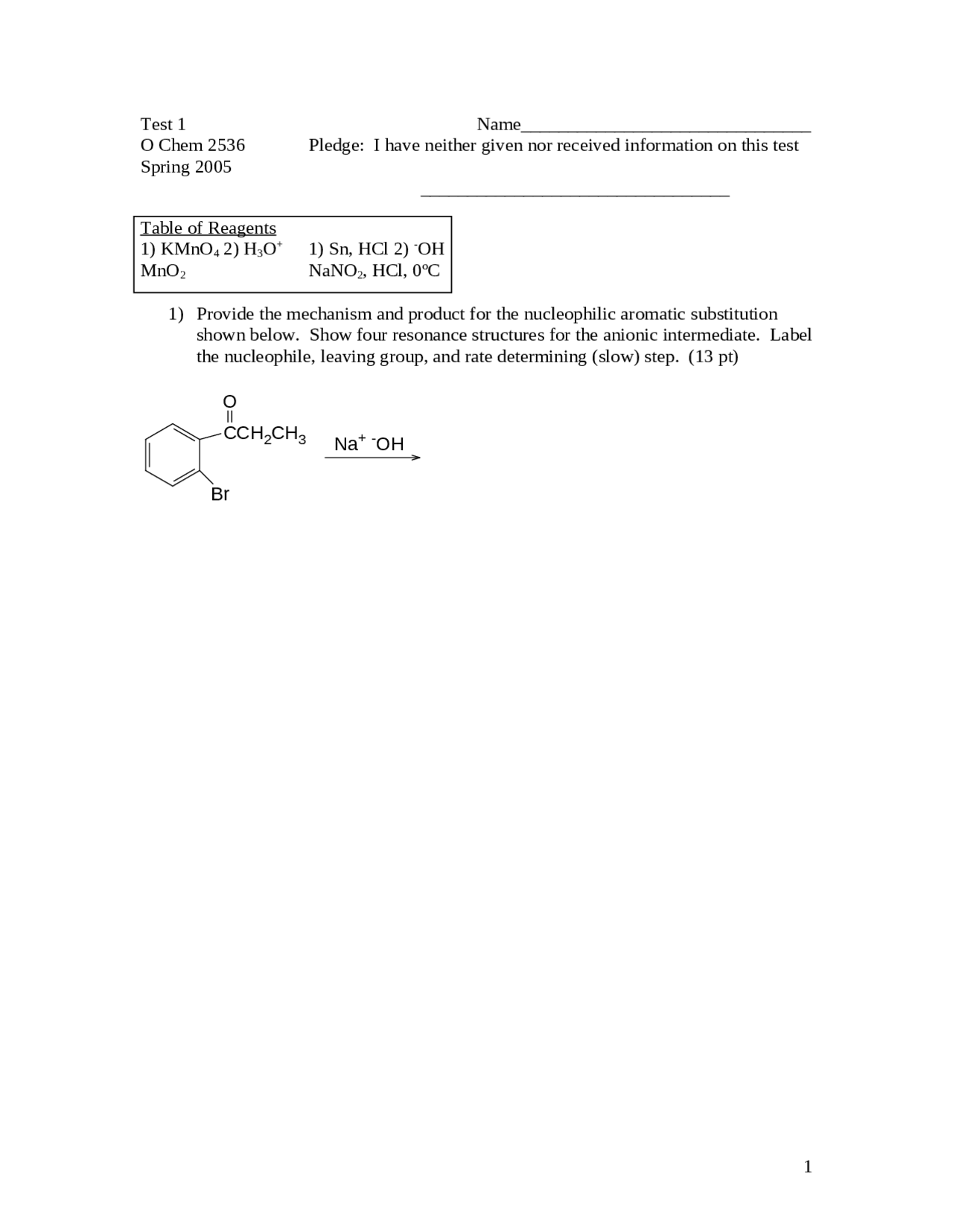 Organic Chemistry - Exam 1 - Spring 2005 | CHEM 2536 - Docsity