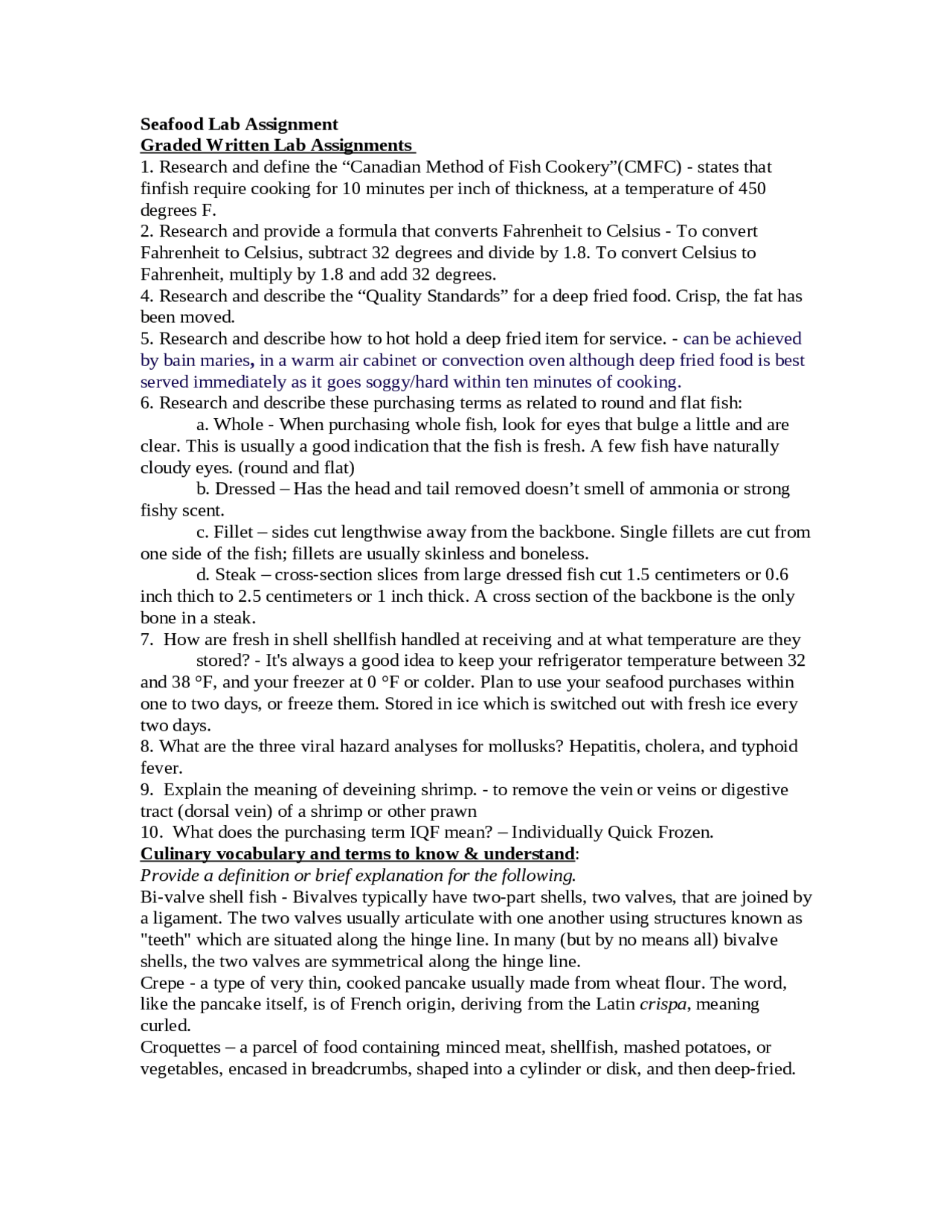 Seafood Lab Assignment: Canadian Method of Fish Cookery and Quality ...