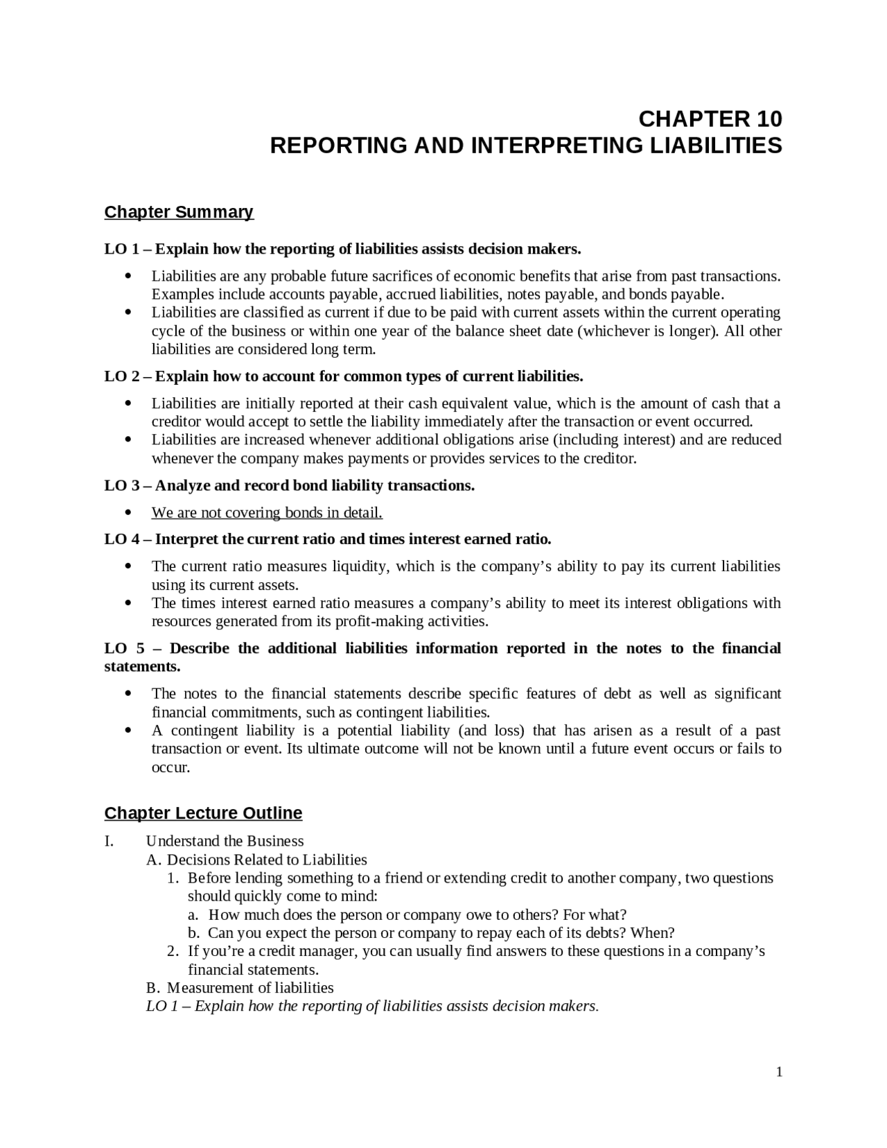 Reporting And Interpreting Liabilities Summary Outline And Notes