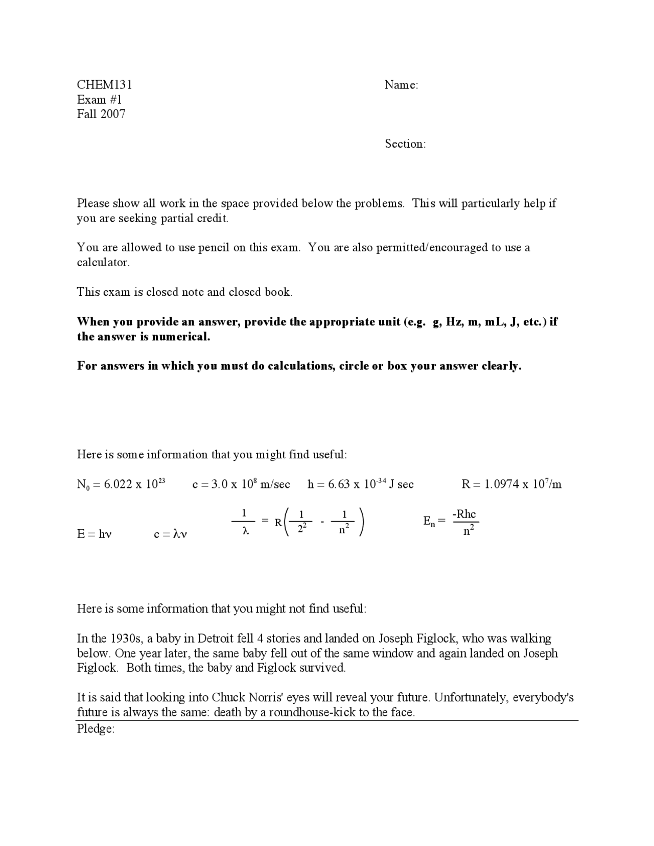 Exam 1 With Questions General Chemistry For Engineering Chem 135
