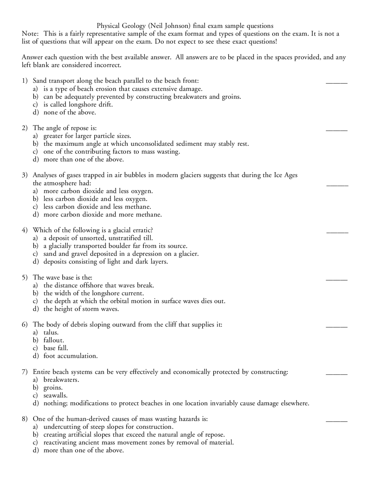 Final Exam Sample Questions Physical Geology Geos 1004 Docsity