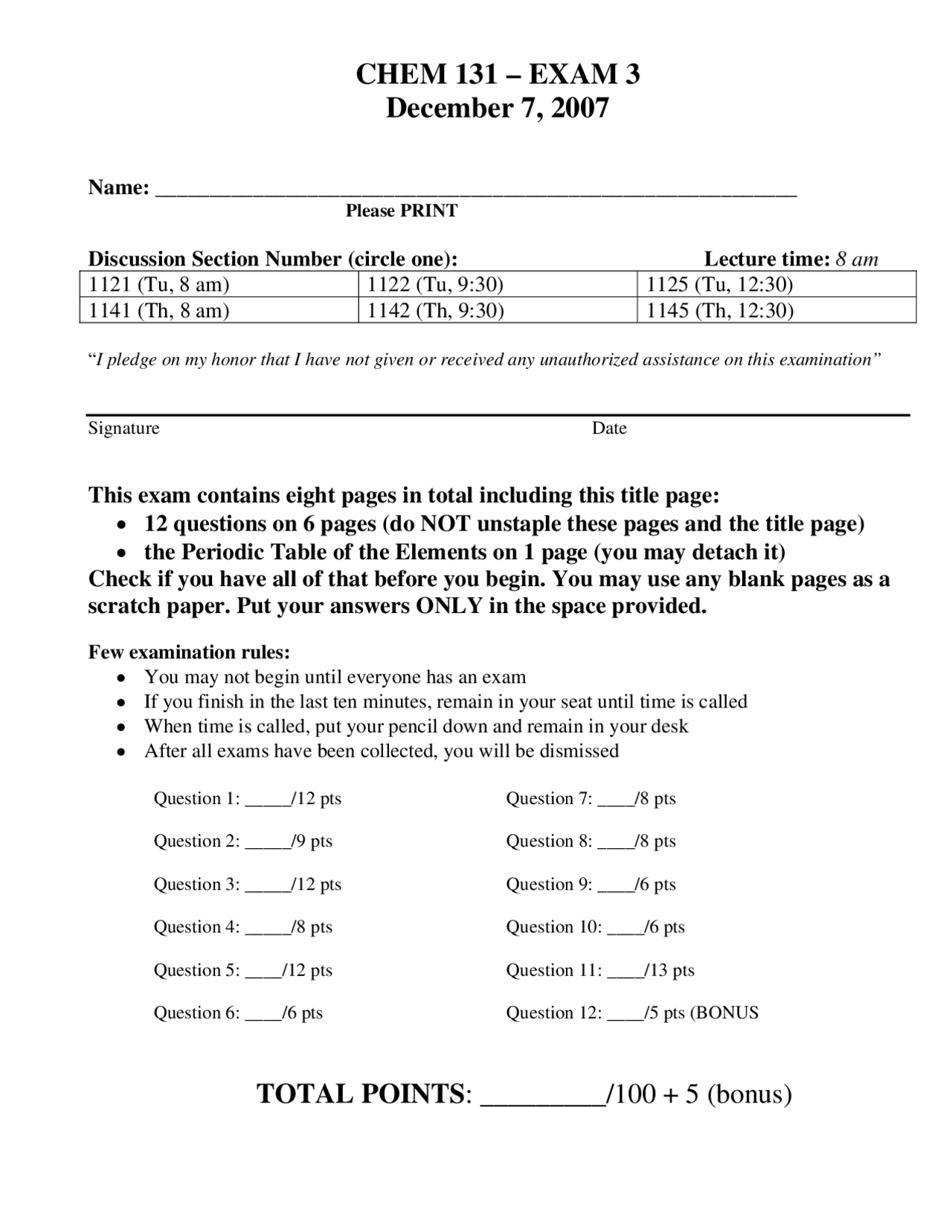 Exam 3 With 12 Questions Chemistry Fundamentals I Chem 131 Docsity