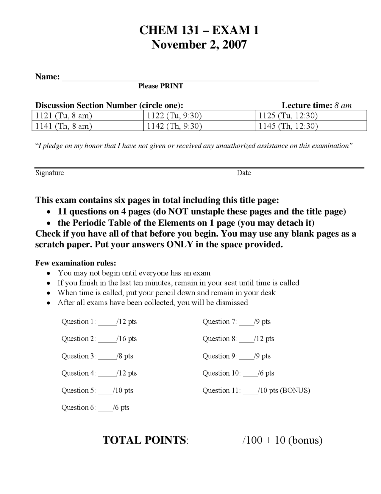 Chemistry Fundamentals I Exam 1 Unsolved Fall 2007 Chem 131 Docsity