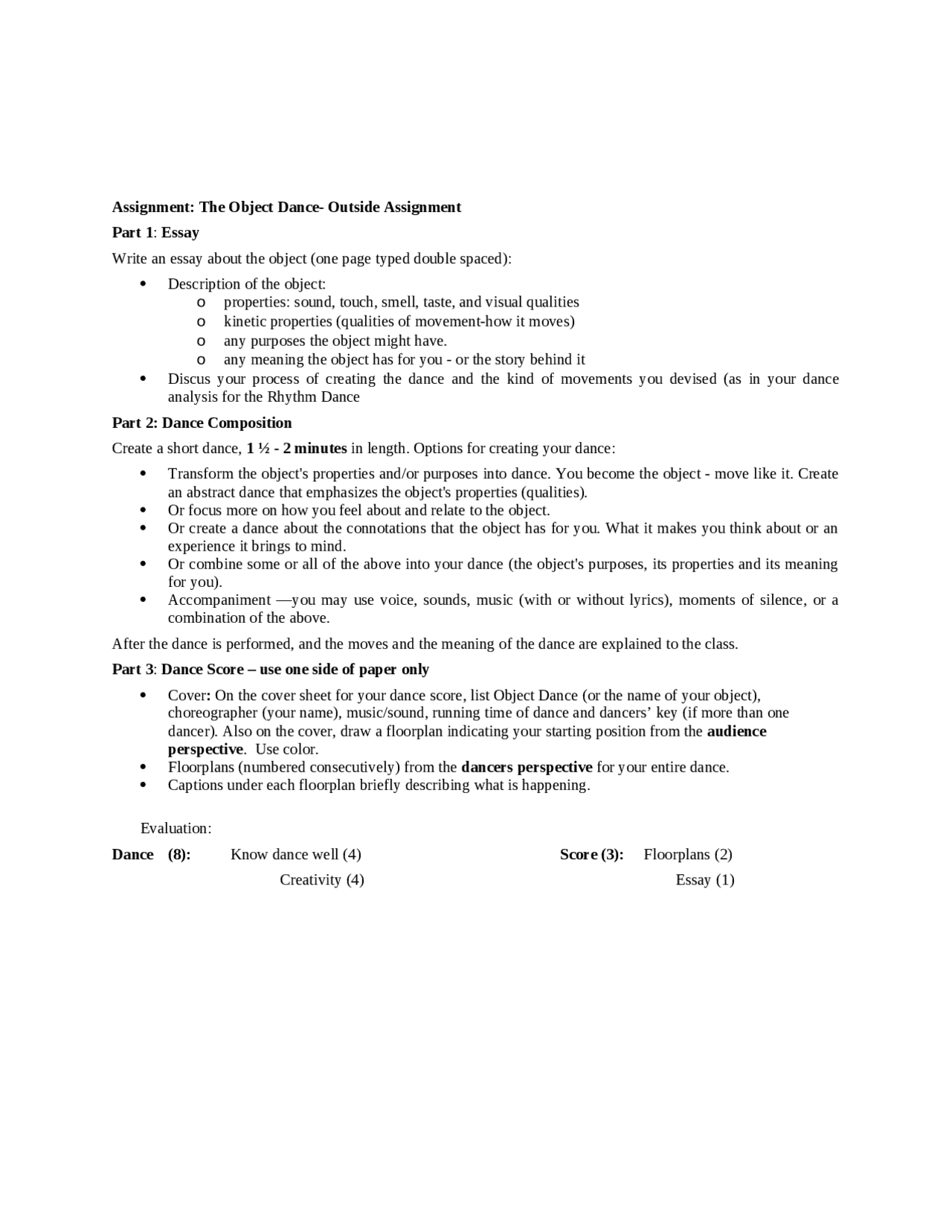 The Object Dance - Creative Dance - Assignment | EDPE 2204 - Docsity