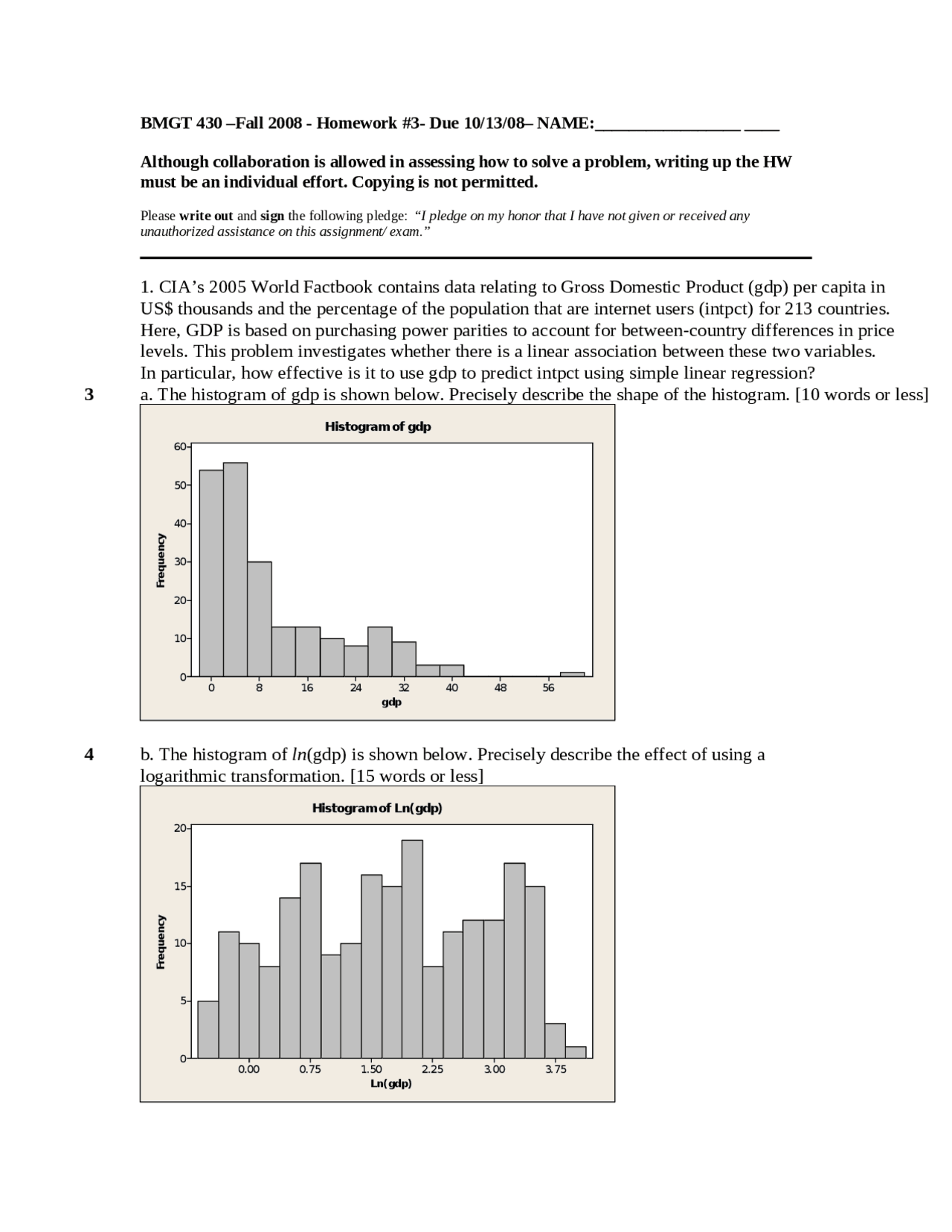 Linear Statics Models Business Assignment 1 Fall 2008 Bmgt 430