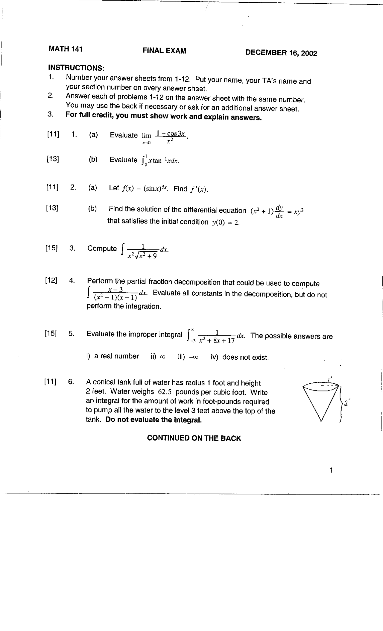 12 Problems On Calculus Ii Sample Final Exam Math 141 Docsity