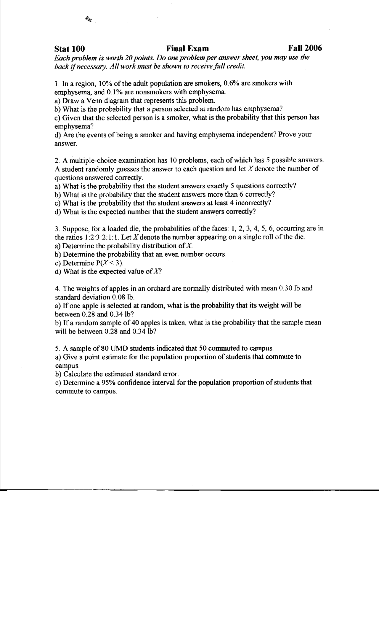 Final Exam with Questions - Elementary Statistics and Probability ...