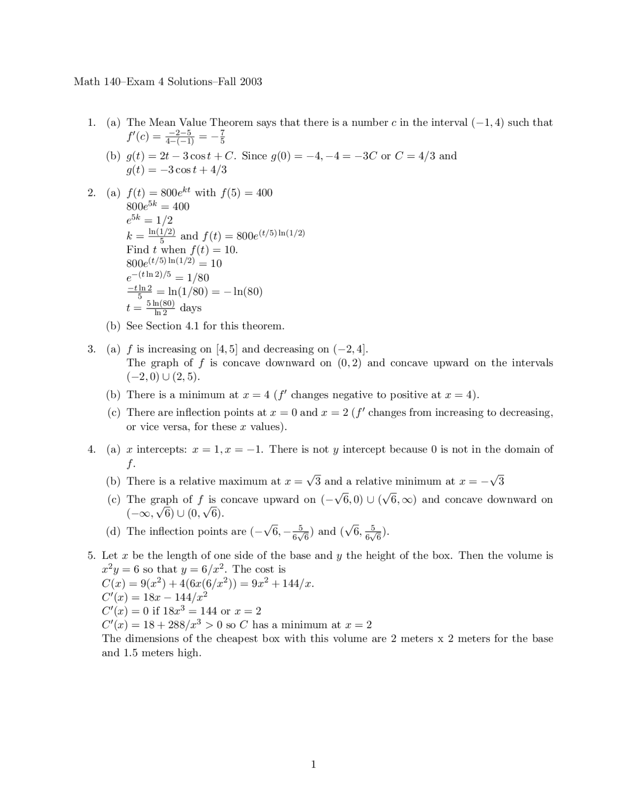 Calculus I Exam 4 Solution Fall 2003 Math 140 Docsity